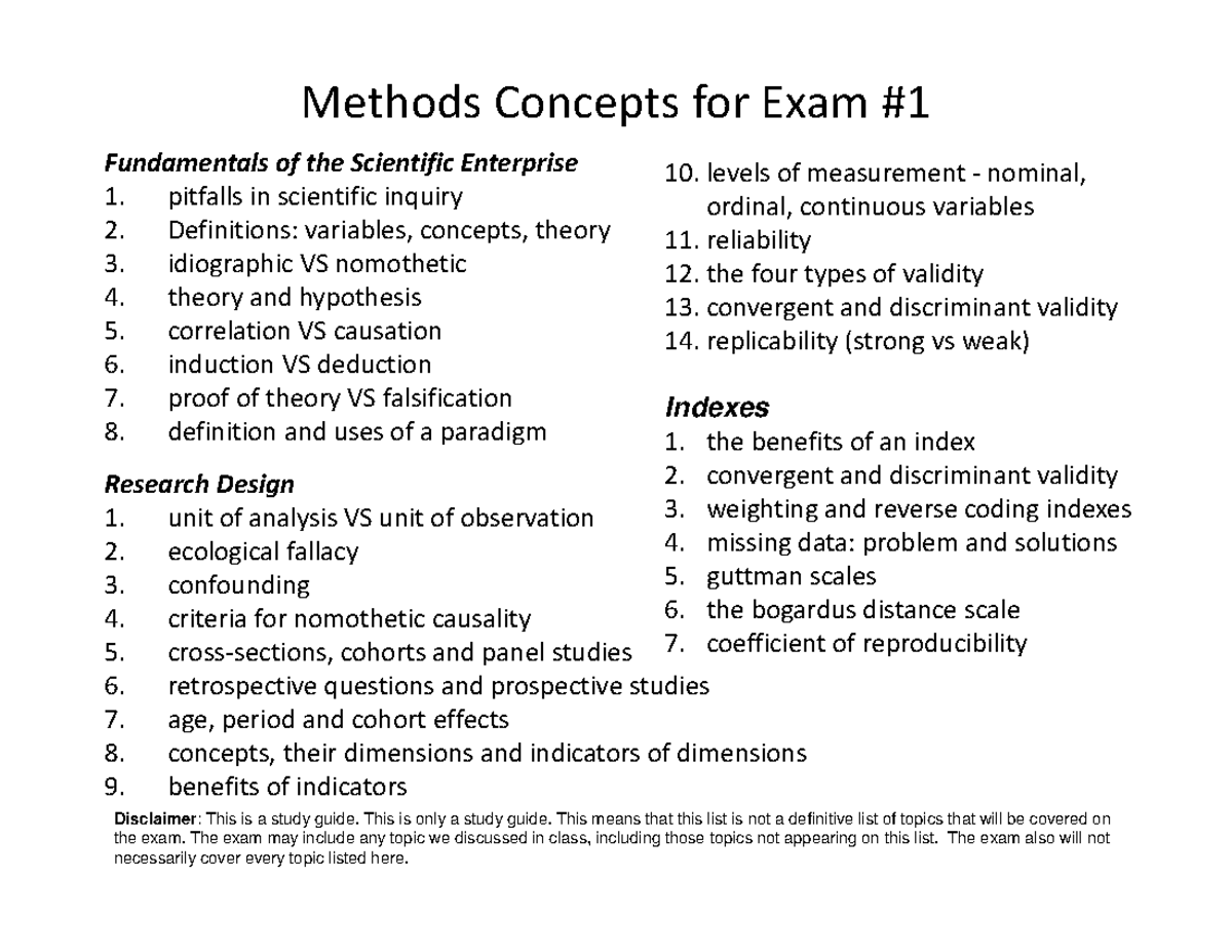 Exam Review sheets 1-3 - Methods Concepts for Exam Fundamentals of the ...