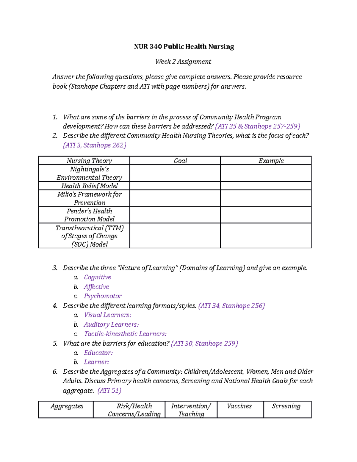 NUR 340 Week 2 Worksheet - NUR 340 Public Health Nursing Week 2 ...