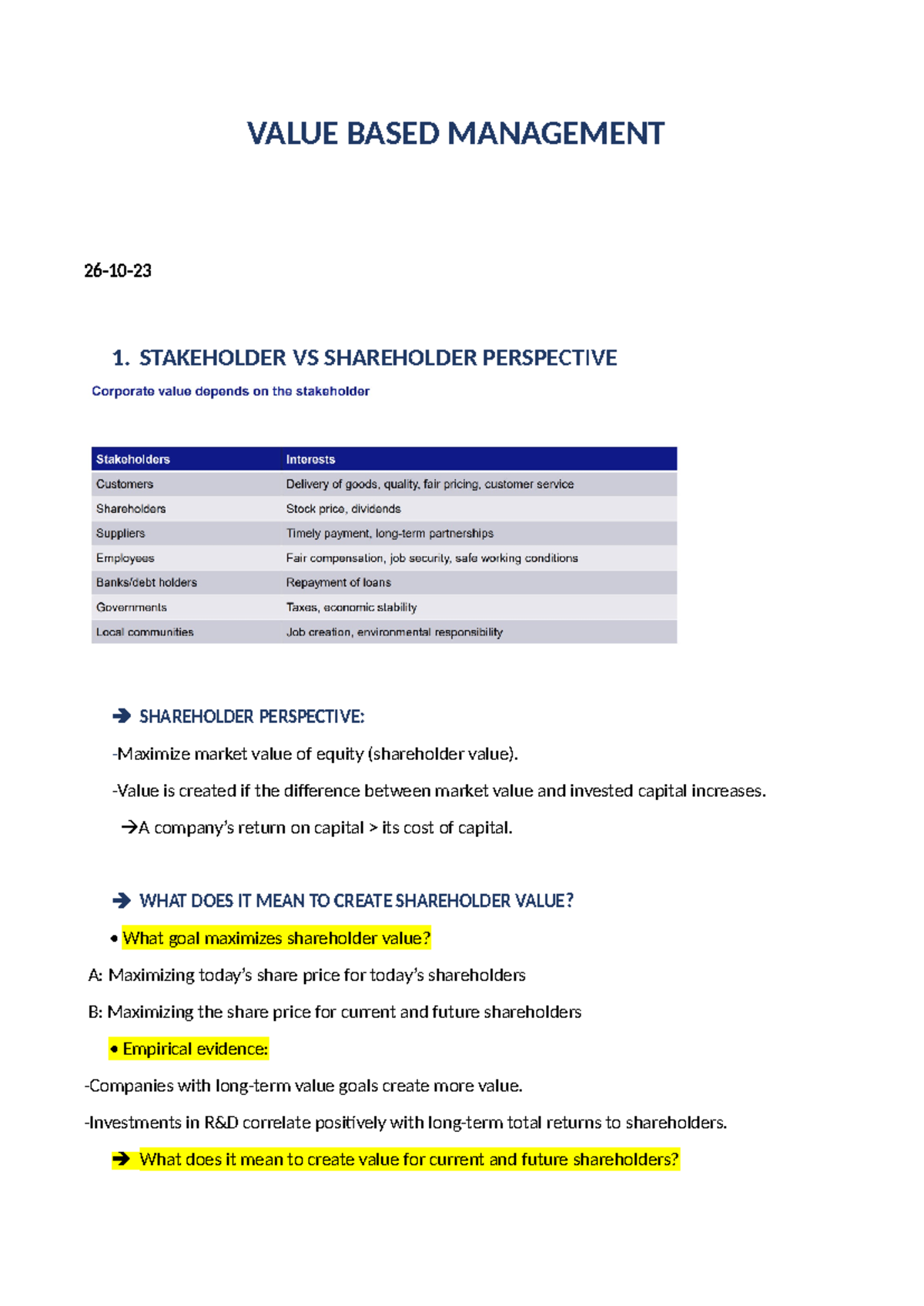 Value Based Management - VALUE BASED MANAGEMENT 26-10- 1. STAKEHOLDER ...