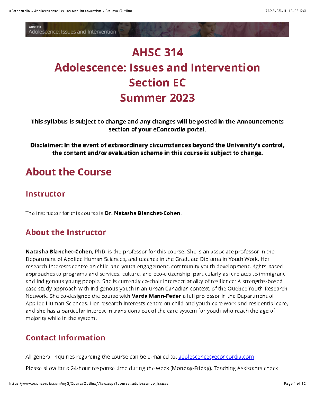 AHSC 314 course outline - AHSC 314 Adolescence: Issues and Intervention ...