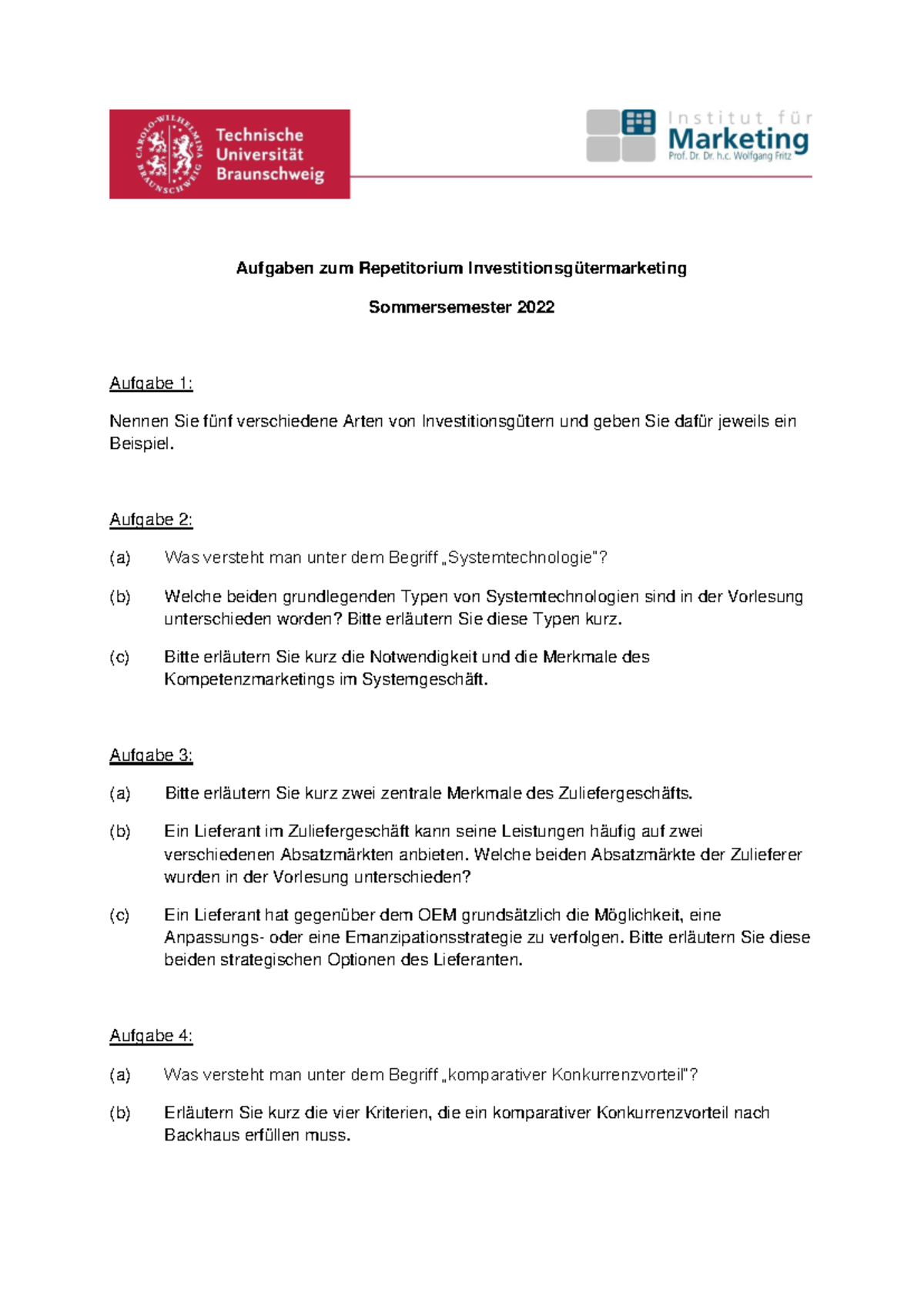 Aufgaben IGM22 - Aufgaben zum Repetitorium Investitionsgütermarketing Sommersemester 2022 ...