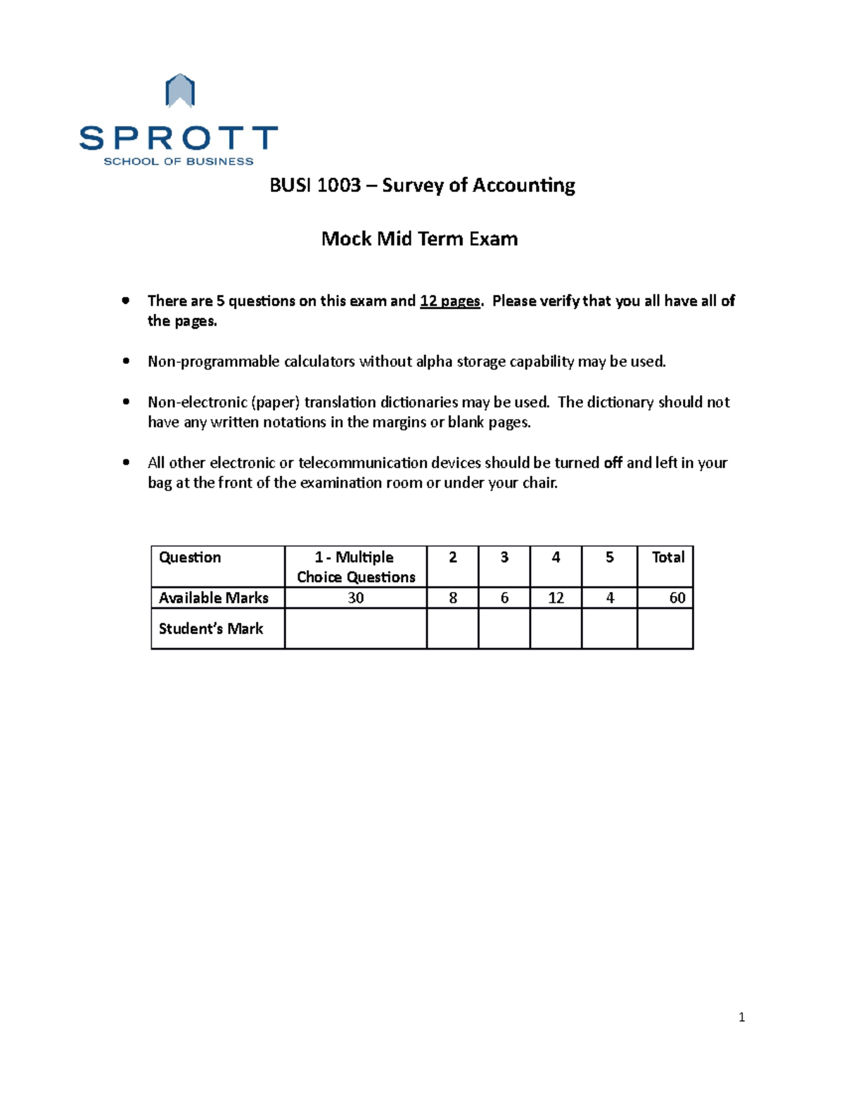Sample/practice exam - BUSI 1003 – Survey of Accounting Mock Mid Term ...