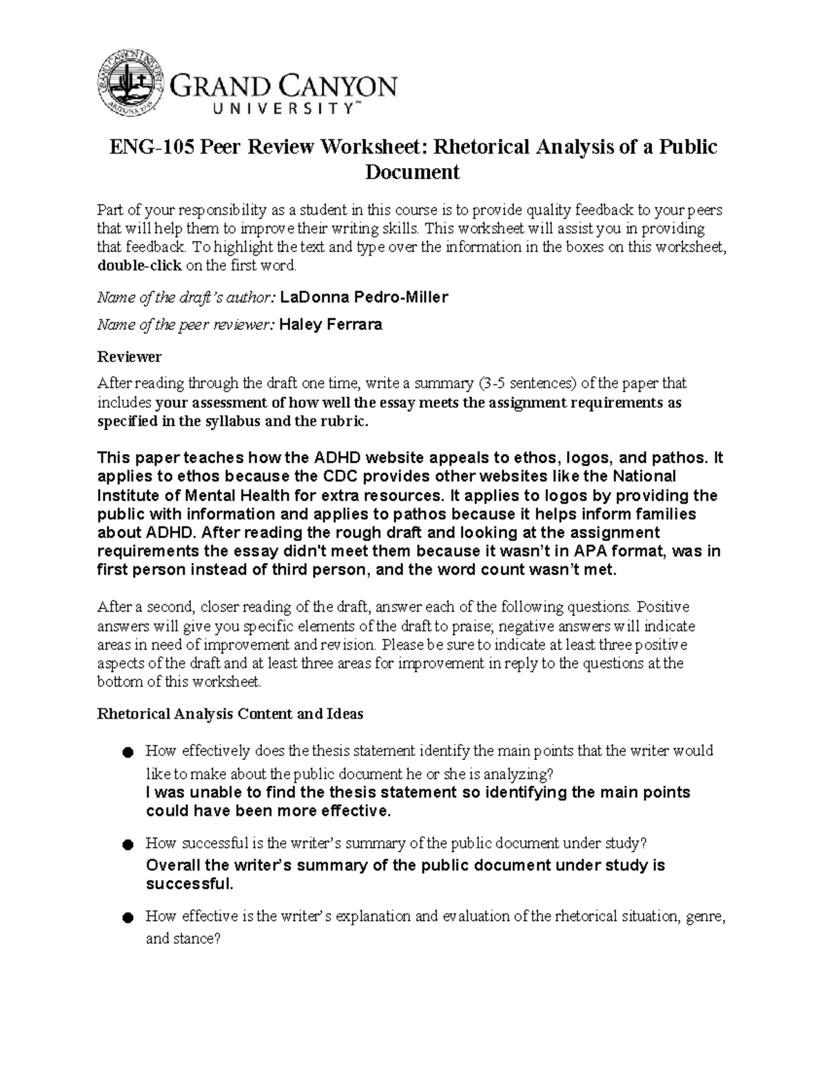 ENG-105-RS-Rhetorical Analysis Peer Review Worksheet Online - ENG-105 ...
