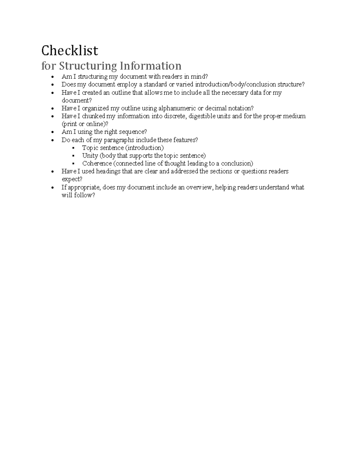 Checklist for Information - Checklist for Structuring Information • Am I structuring my document ...