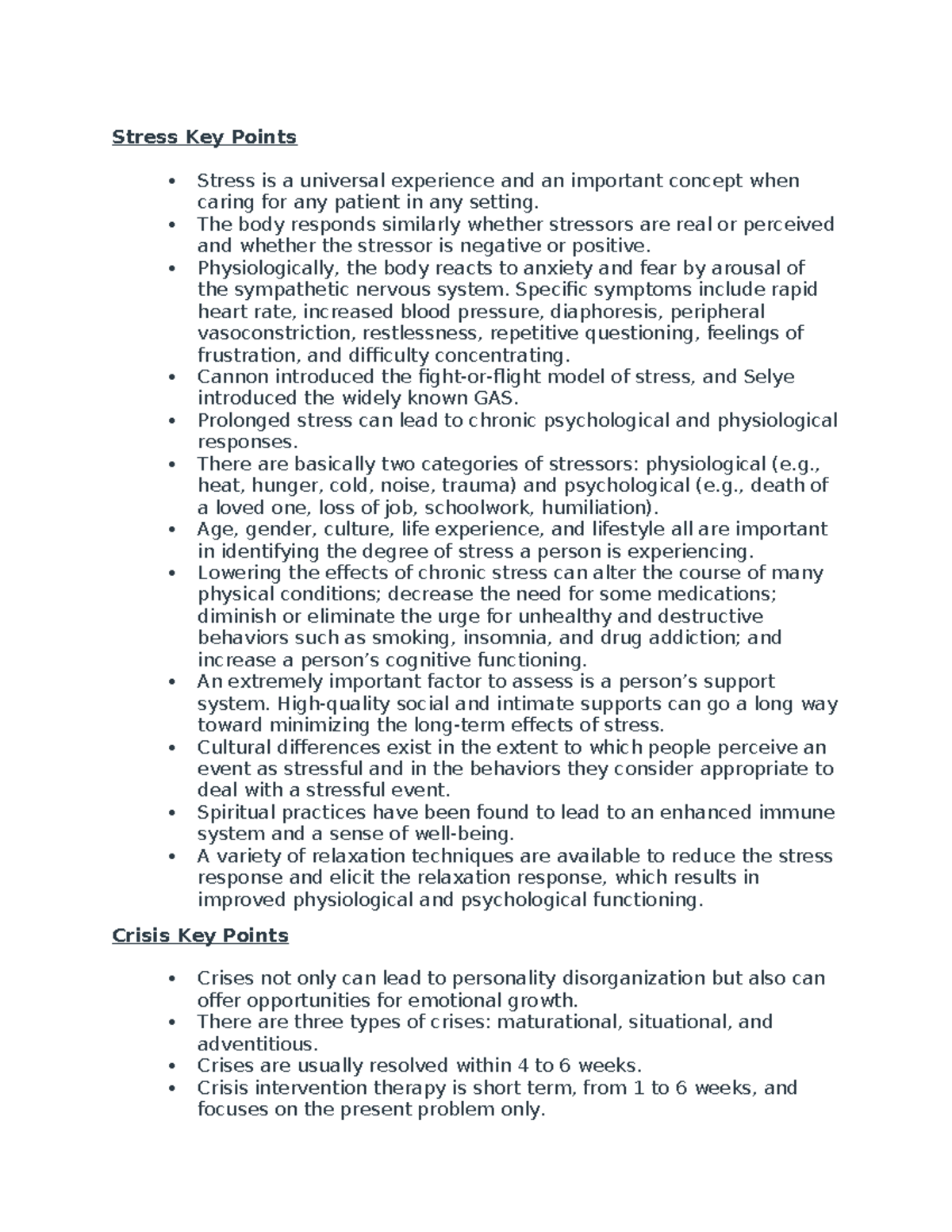 Mental Health exam 2 review - Stress Key Points Stress is a universal ...