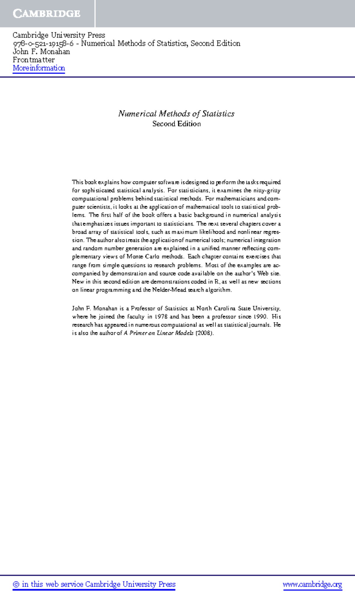 Numerical Methods of Statistics - Monahan Frontmatter More information ...