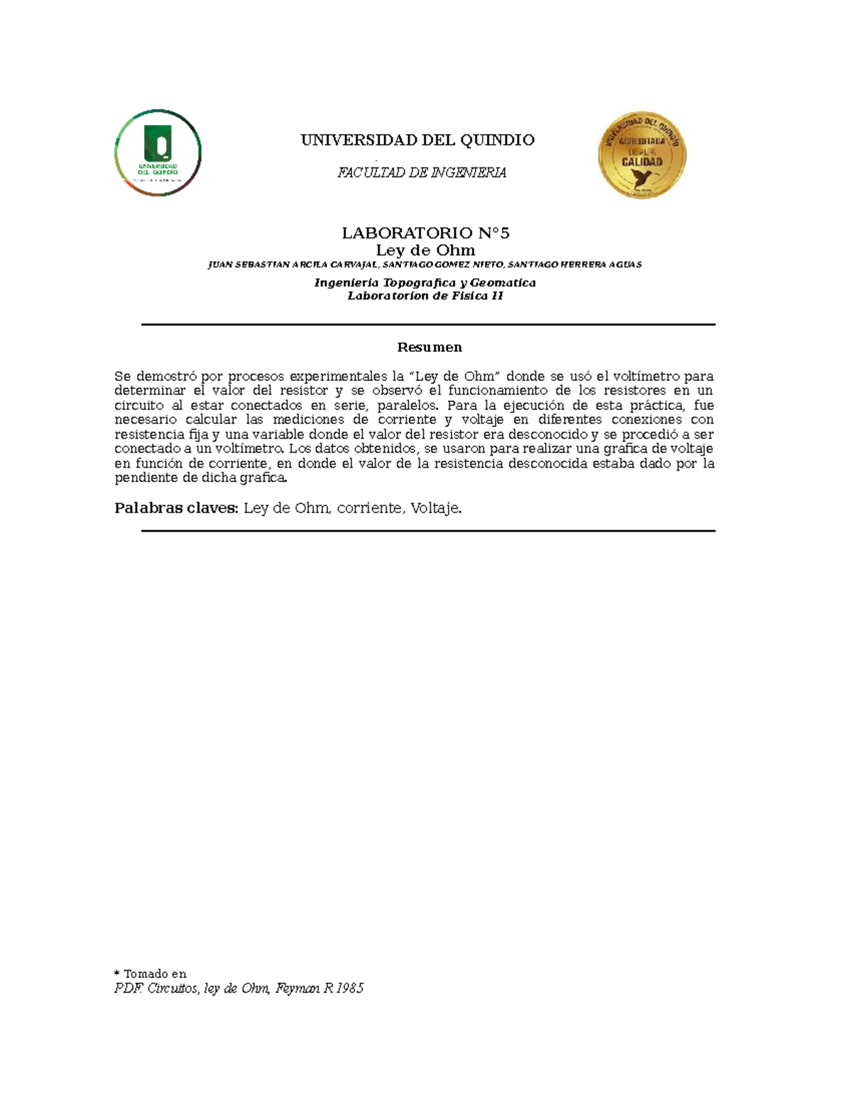 Ley de Ohm - informe de labratorio - . FACULTAD DE INGENIERIA ...
