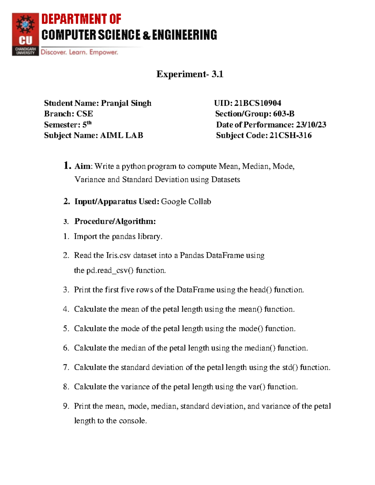 Pranjal aiml 8 - Worksheet - DEPARTMENT OF COMPUTER SCIENCE & ENGINEERING Experiment- 3. Student ...