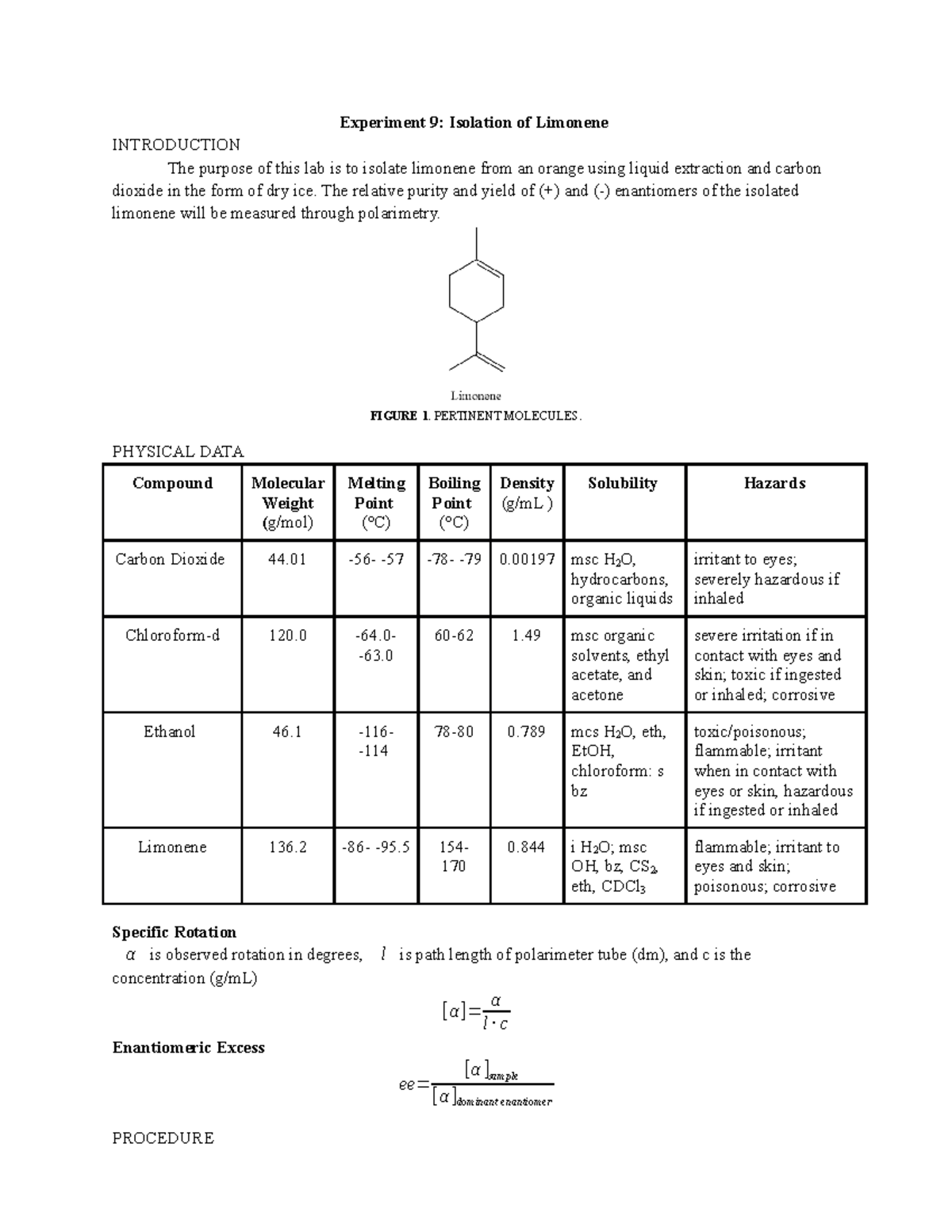 Experiment 9 Isolation of Limonene - Experiment 9: Isolation of ...