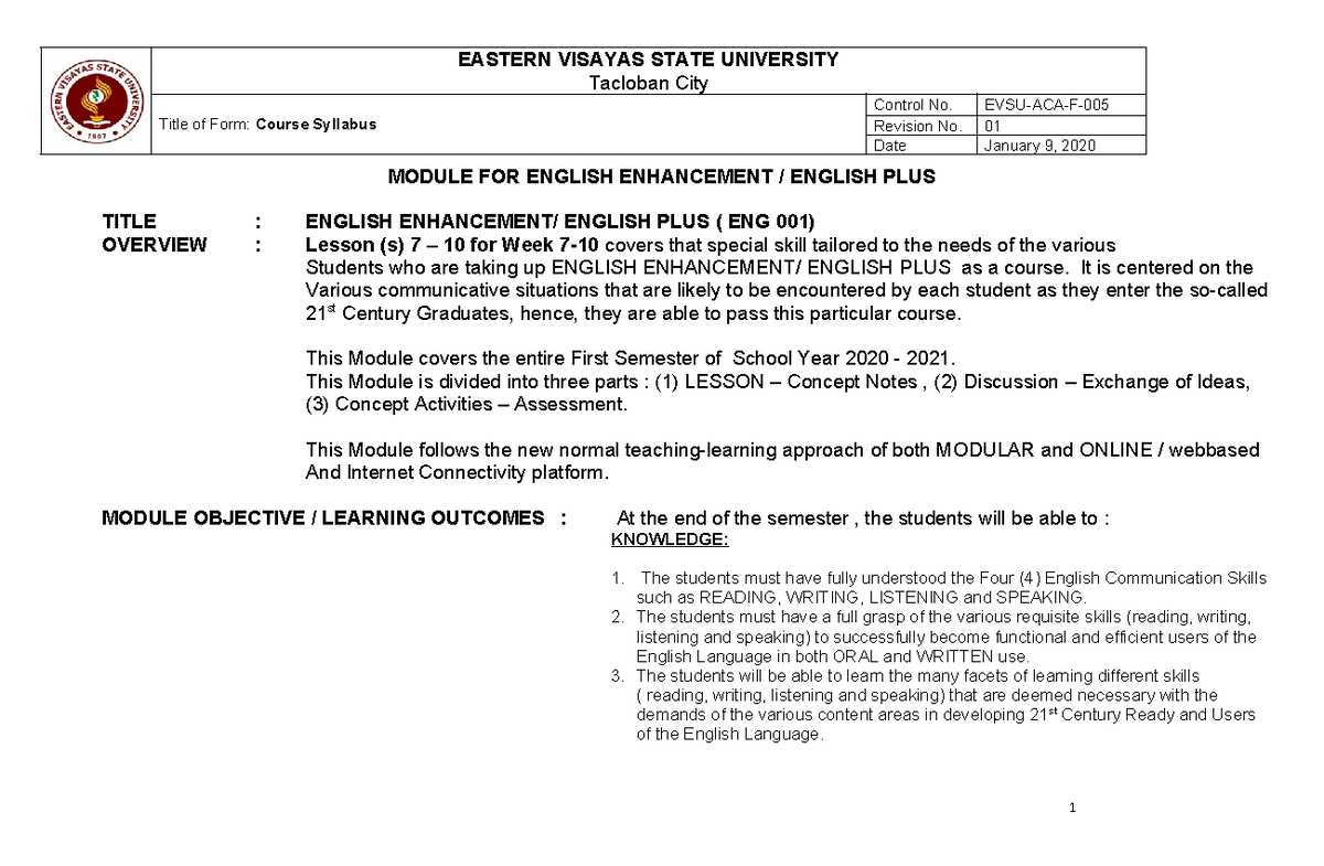 Pdfcoffee - Lecture Notes - MODULE FOR ENGLISH ENHANCEMENT / ENGLISH ...