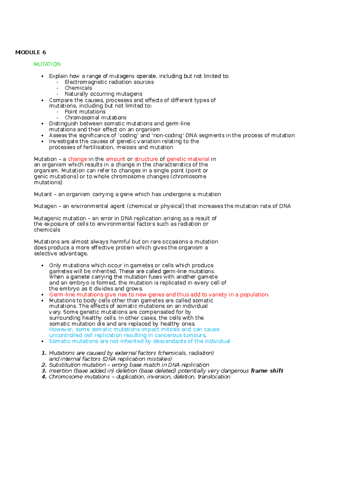 Biology (2019 Course) Module 6 Notes (FULL) - MODULE 6 MUTATION Explain ...