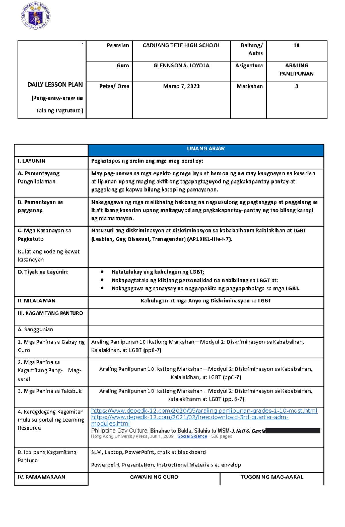 Detailed Lesson PLAN(Local Demo) - ` DAILY LESSON PLAN (Pang-araw-araw ...