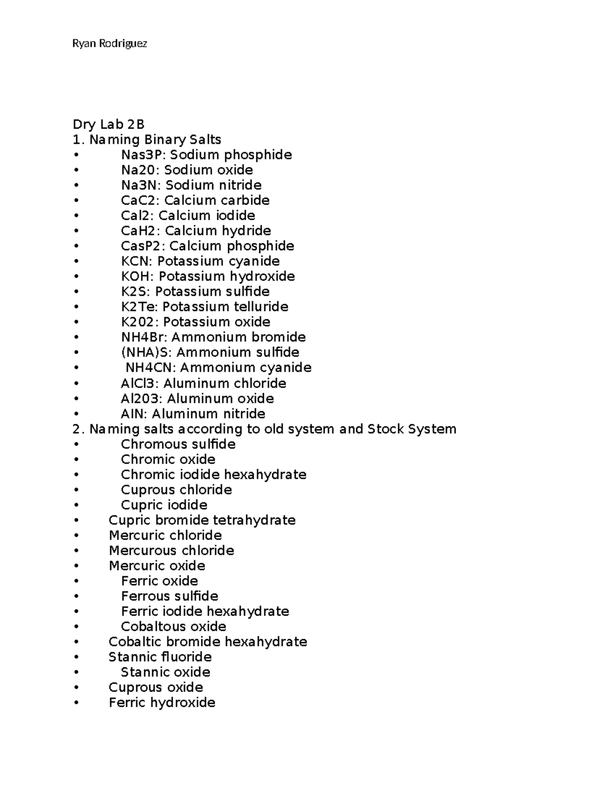 Dry Lab 2B - Naming Binary Salts • Nas3P: Sodium phosphide • Na20 ...