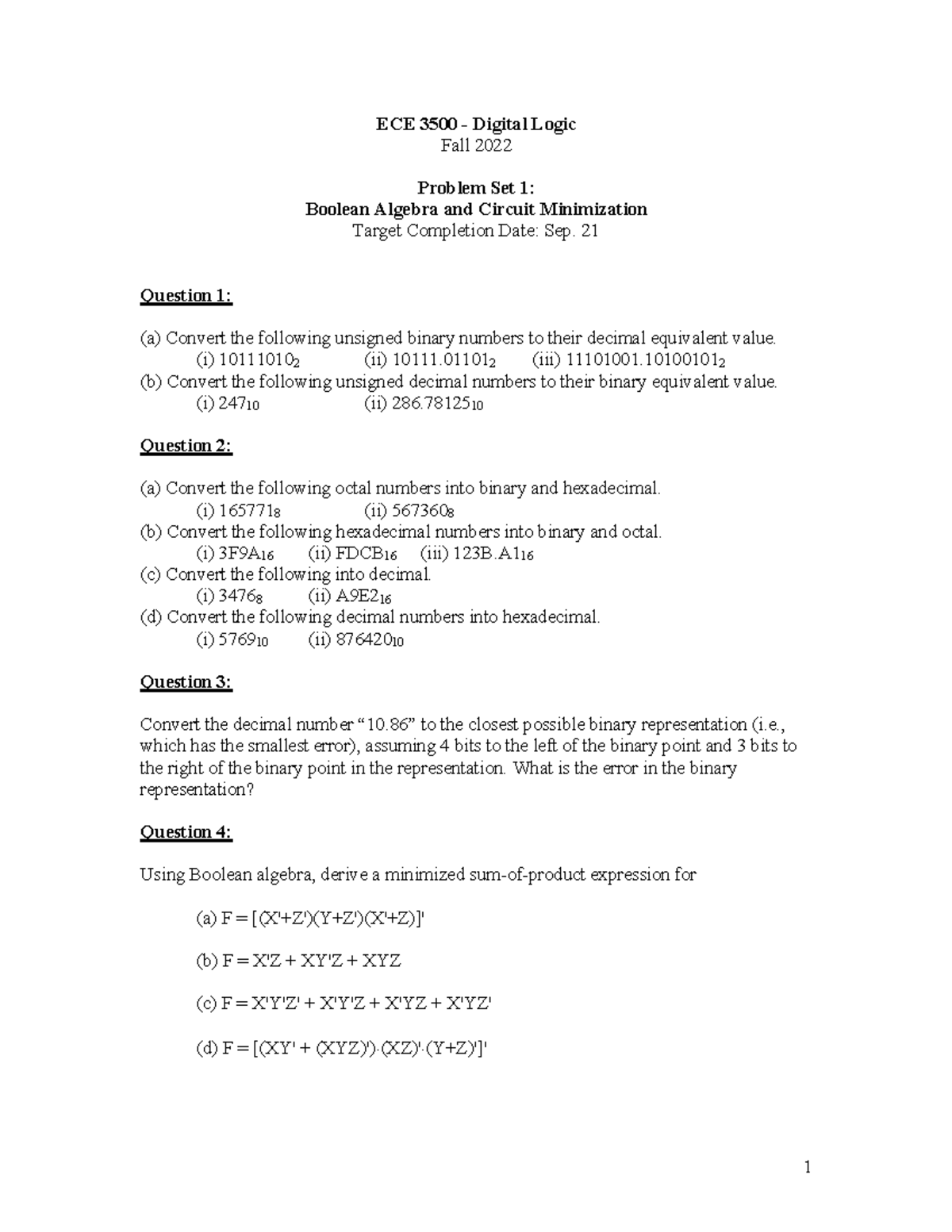 Problem Set 1 2022 - hhhb - ECE 3500 - Digital Logic Fall 2022 Problem Set 1: Boolean Algebra ...