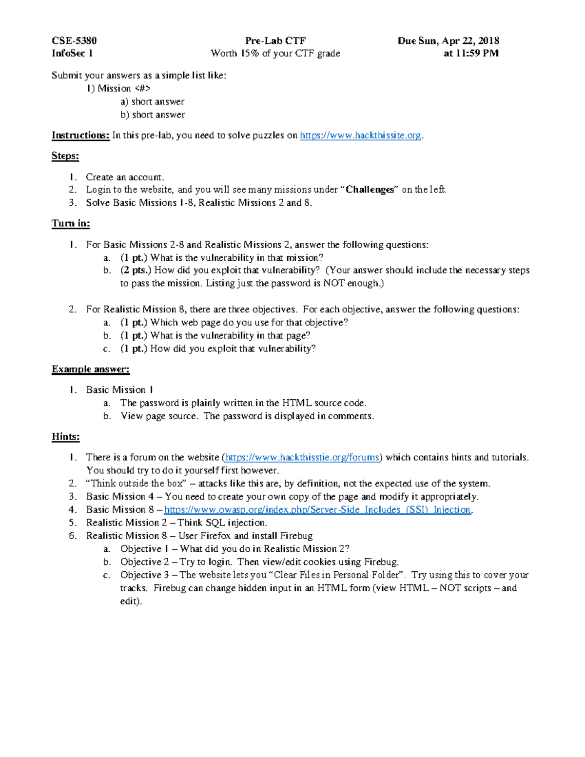 Pre-Lab CTF - worth 15% of the total gradepre lab questions ctf - CSE-5380 Pre-Lab CTF Due Sun ...