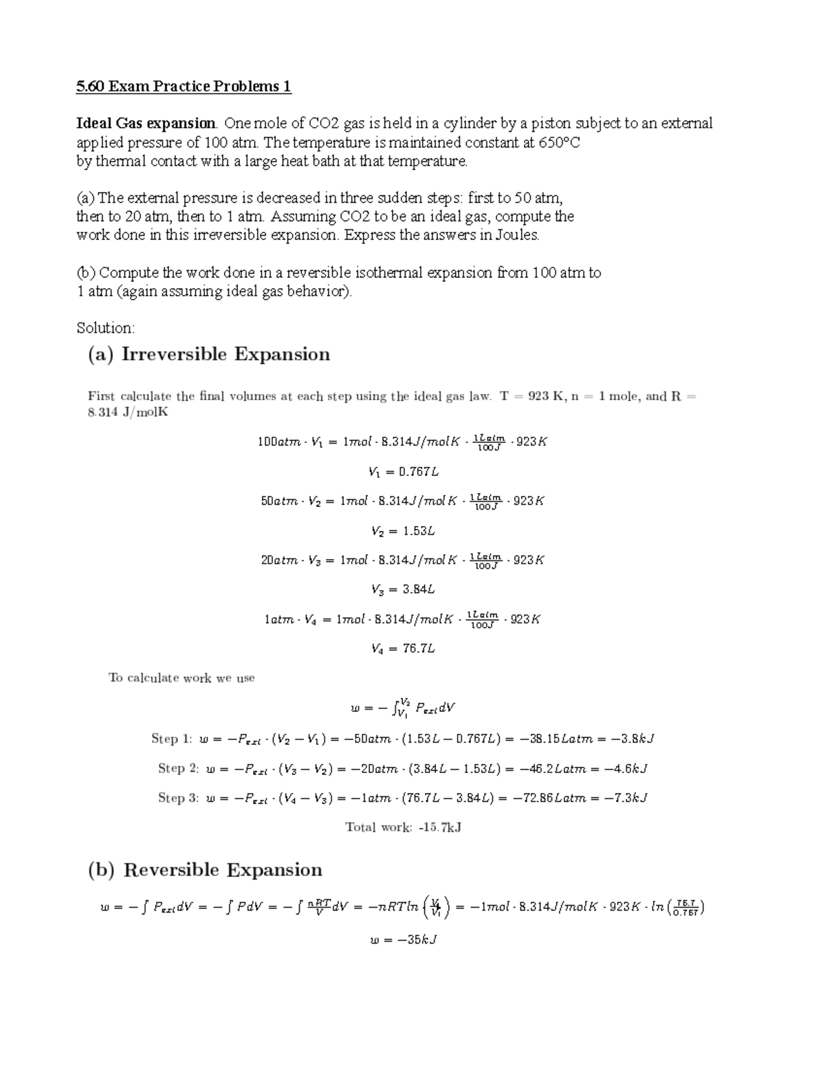Exam 1 Practice Problems Solutions - 5 Exam Practice Problems 1 Ideal Gas expansion. One mole of ...