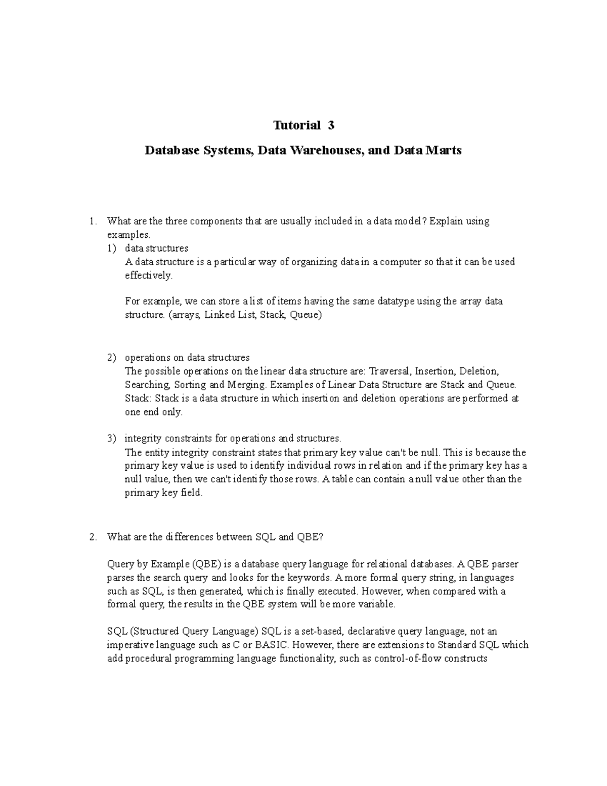Information Systems Week 3 tutorial - Tutorial 3 Database Systems, Data ...