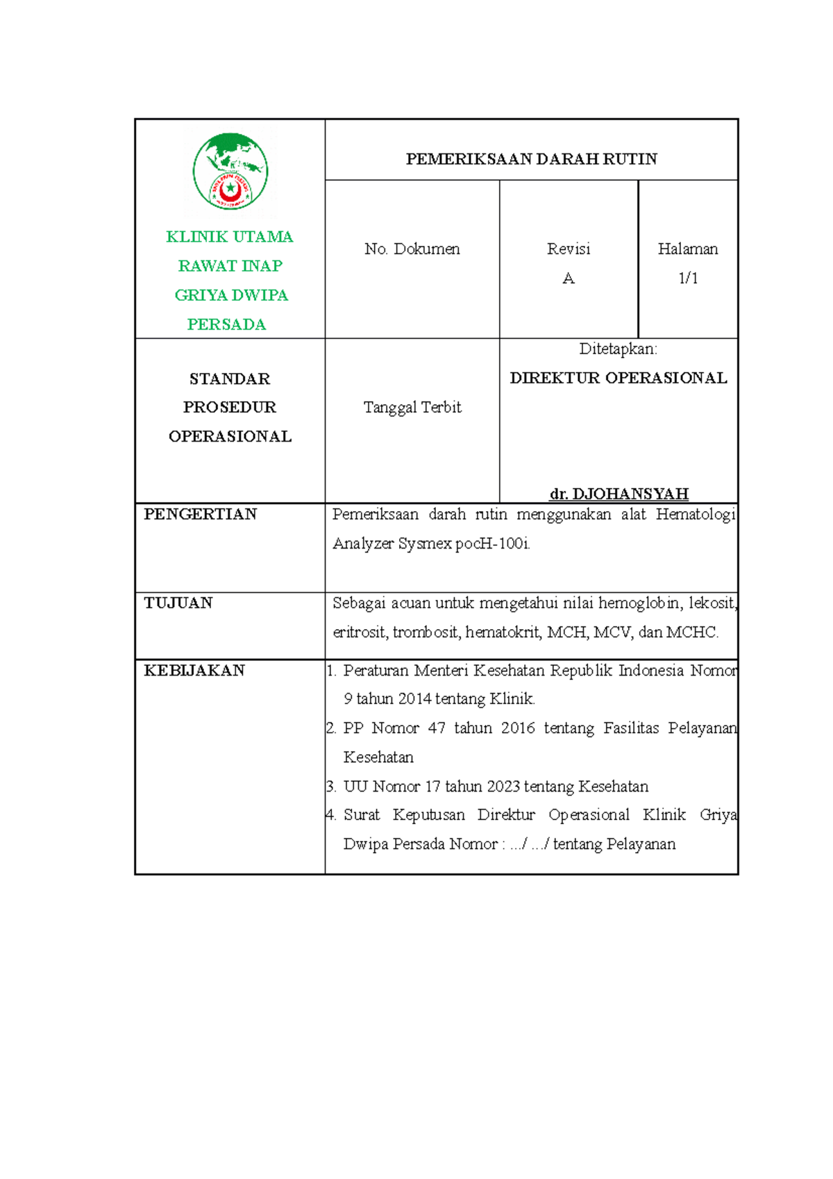 1. Darah Lengkap - KLINIK UTAMA RAWAT INAP GRIYA DWIPA PERSADA ...