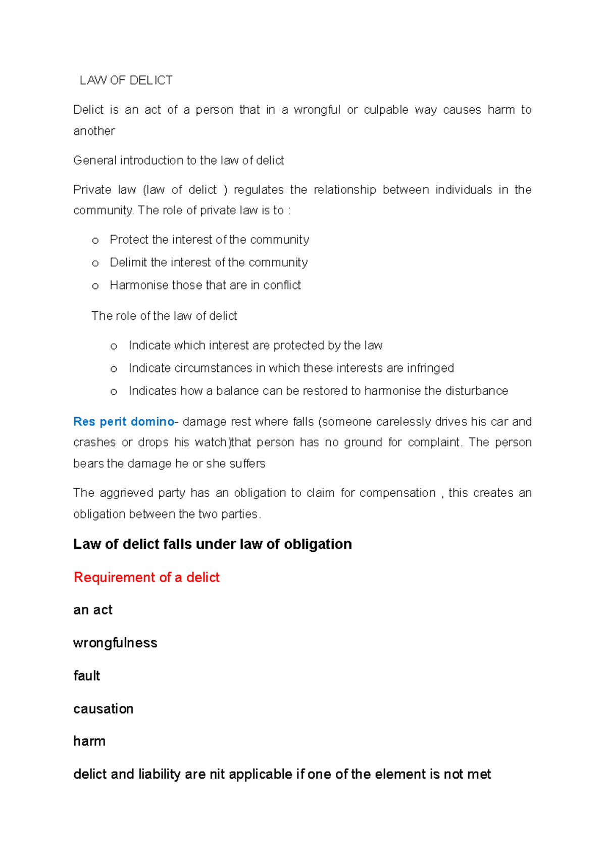 Law of delict from general intro to ommission - UJ - Studocu