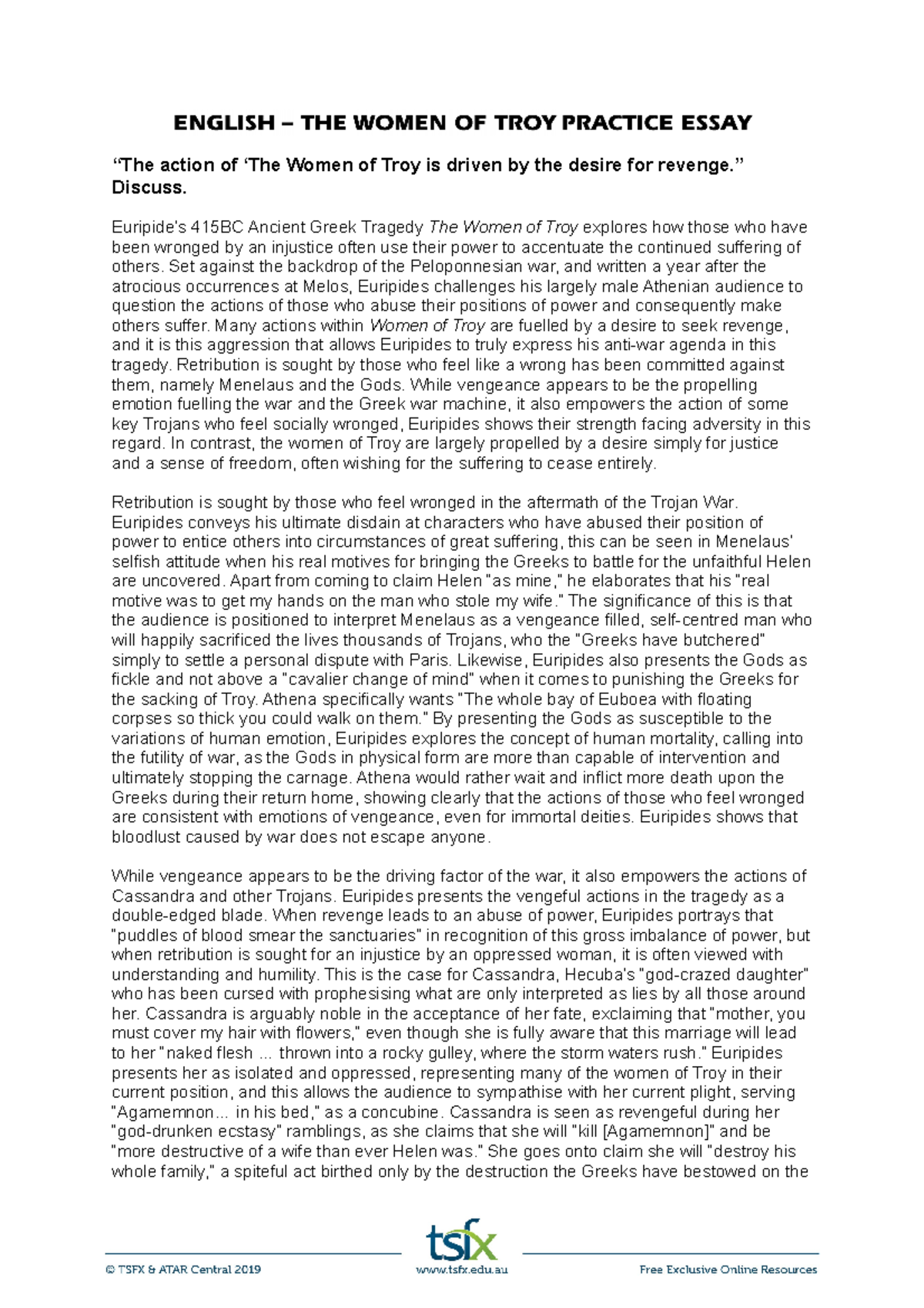 Women of troy - Revenge essay - “The action of ‘The Women of Troy is ...