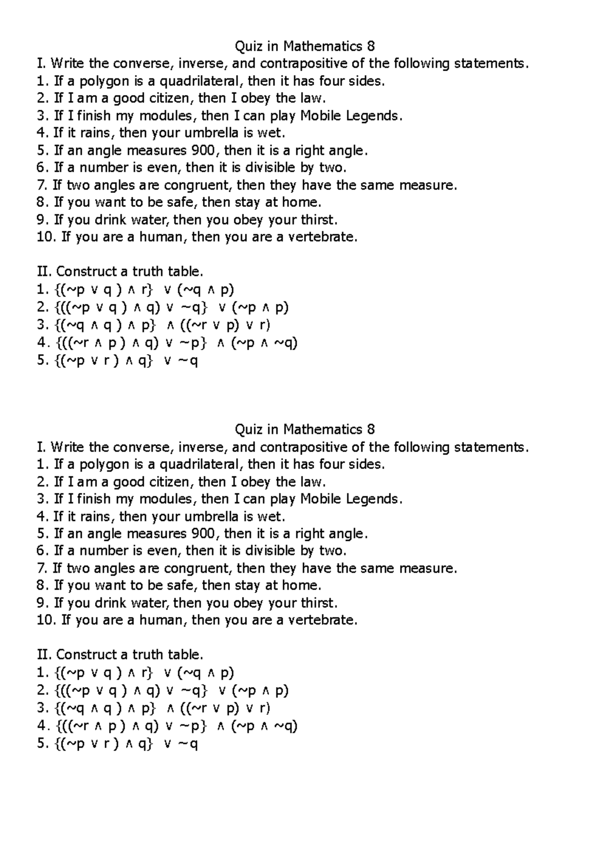 Quiz in Mathematics 8 with out answer - Quiz in Mathematics 8 I. Write ...