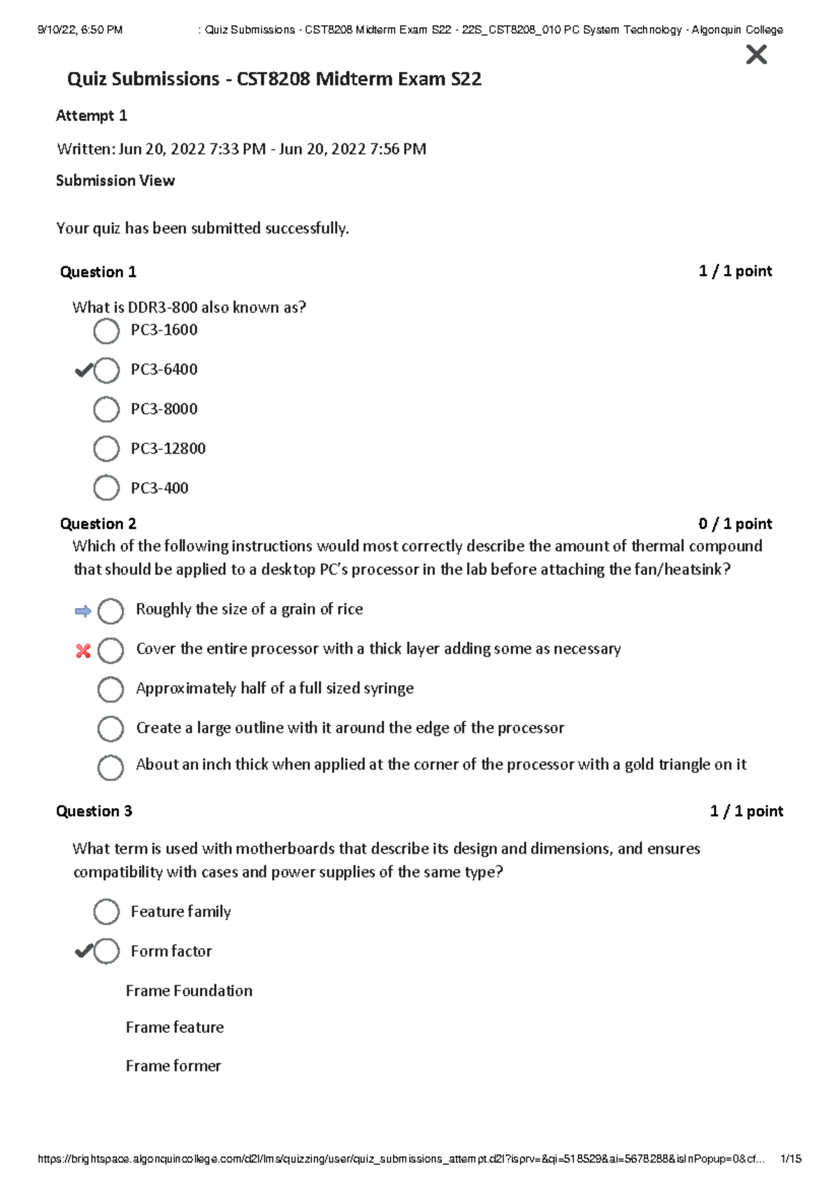 Quiz Submissions - CST8208 Midterm Exam S22 - 22S CST8208 010 PC System Technology - Algonquin ...