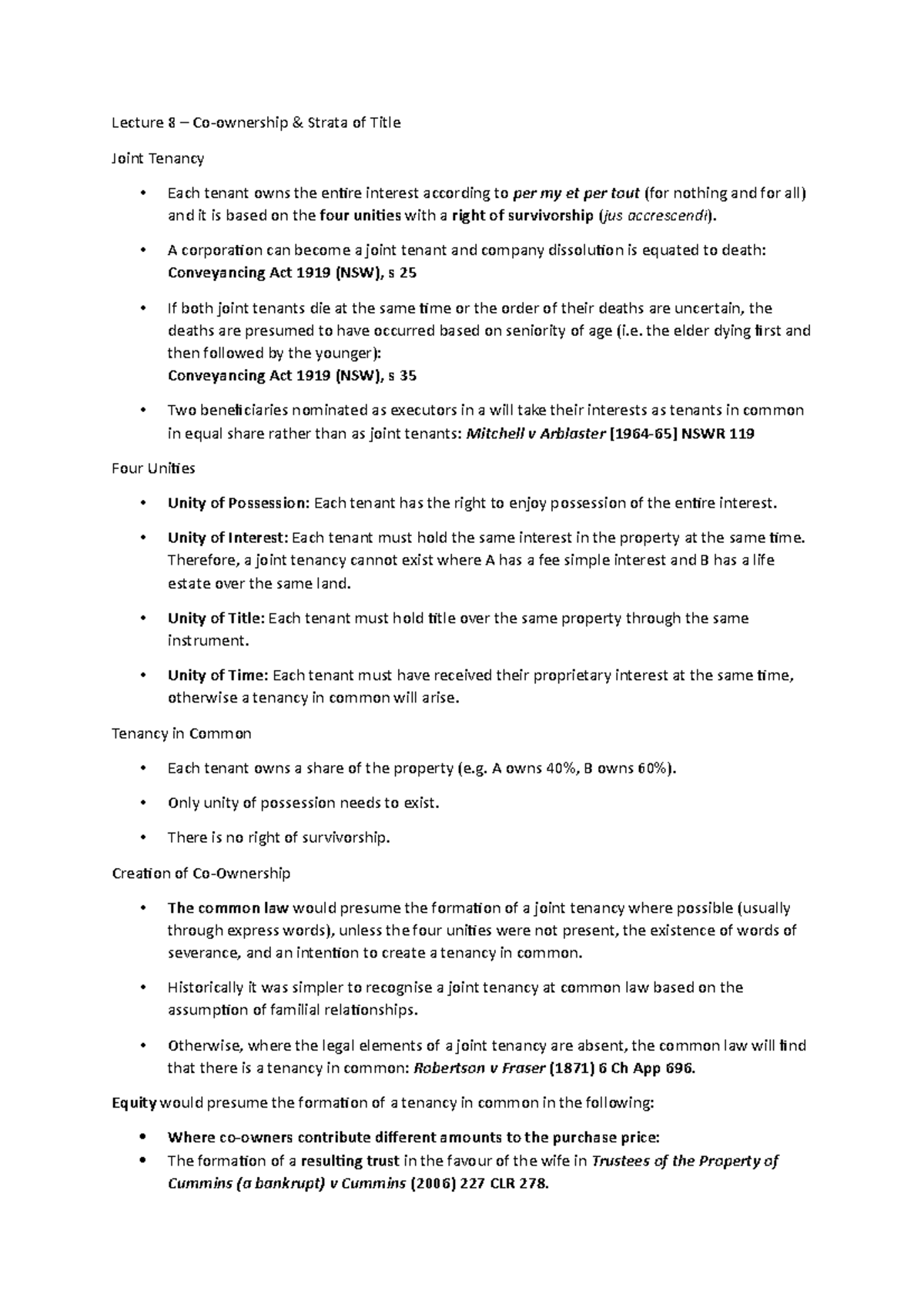 Lecture 8 - Lecture 8 – Co-ownership & Strata of Title Joint Tenancy ...