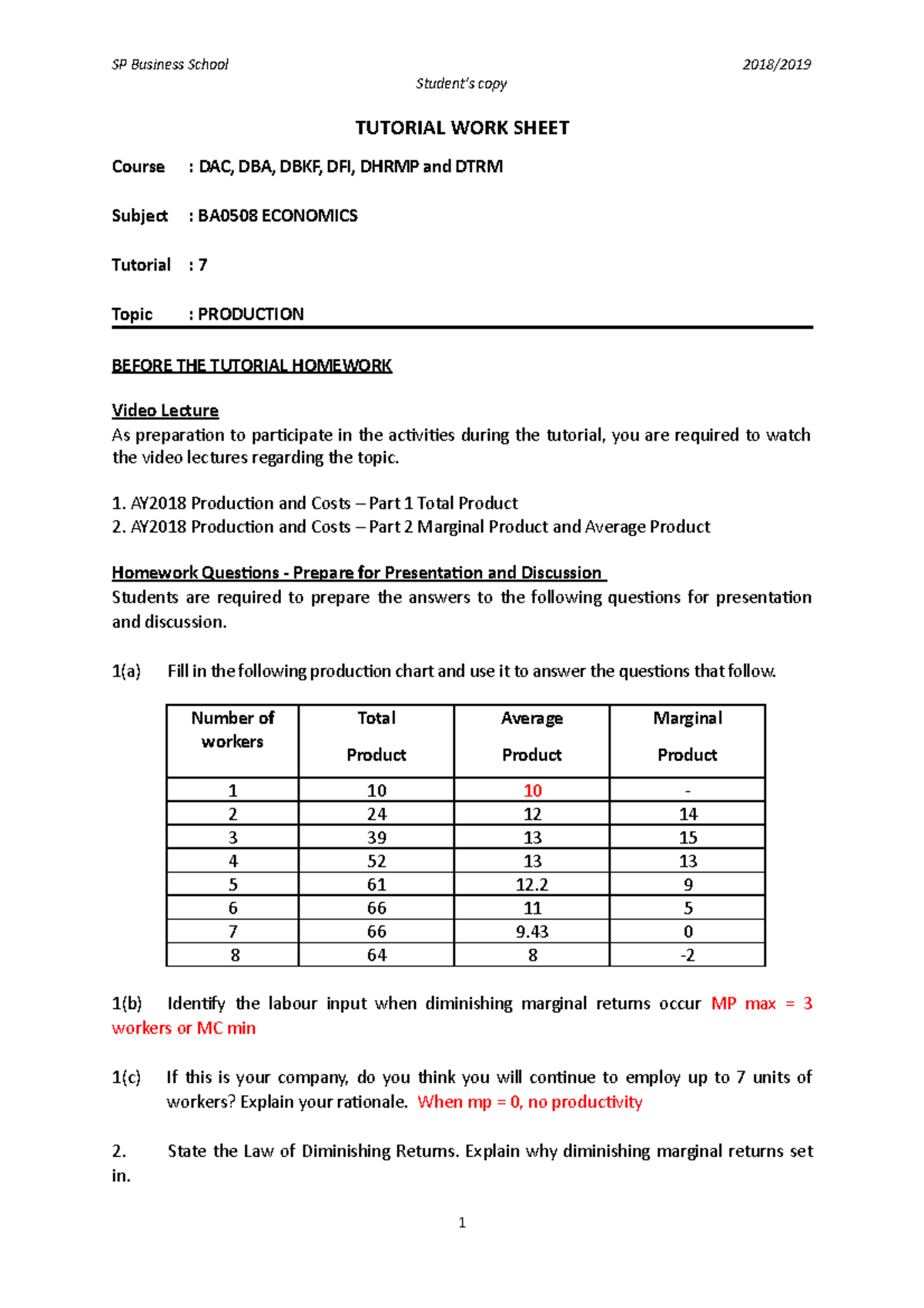 Tutorial 7 Production 2018 2019 (Student) - EE123 - SP - Studocu