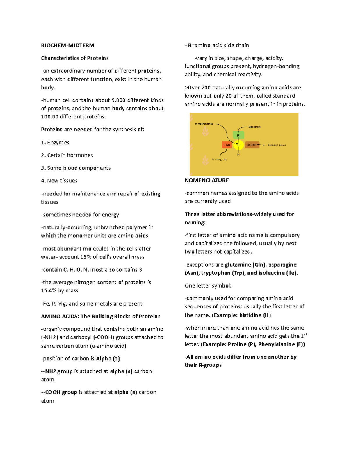 Biochem- Midterm Proteins - BIOCHEM-MIDTERM Characteristics of Proteins -an extraordinary number ...