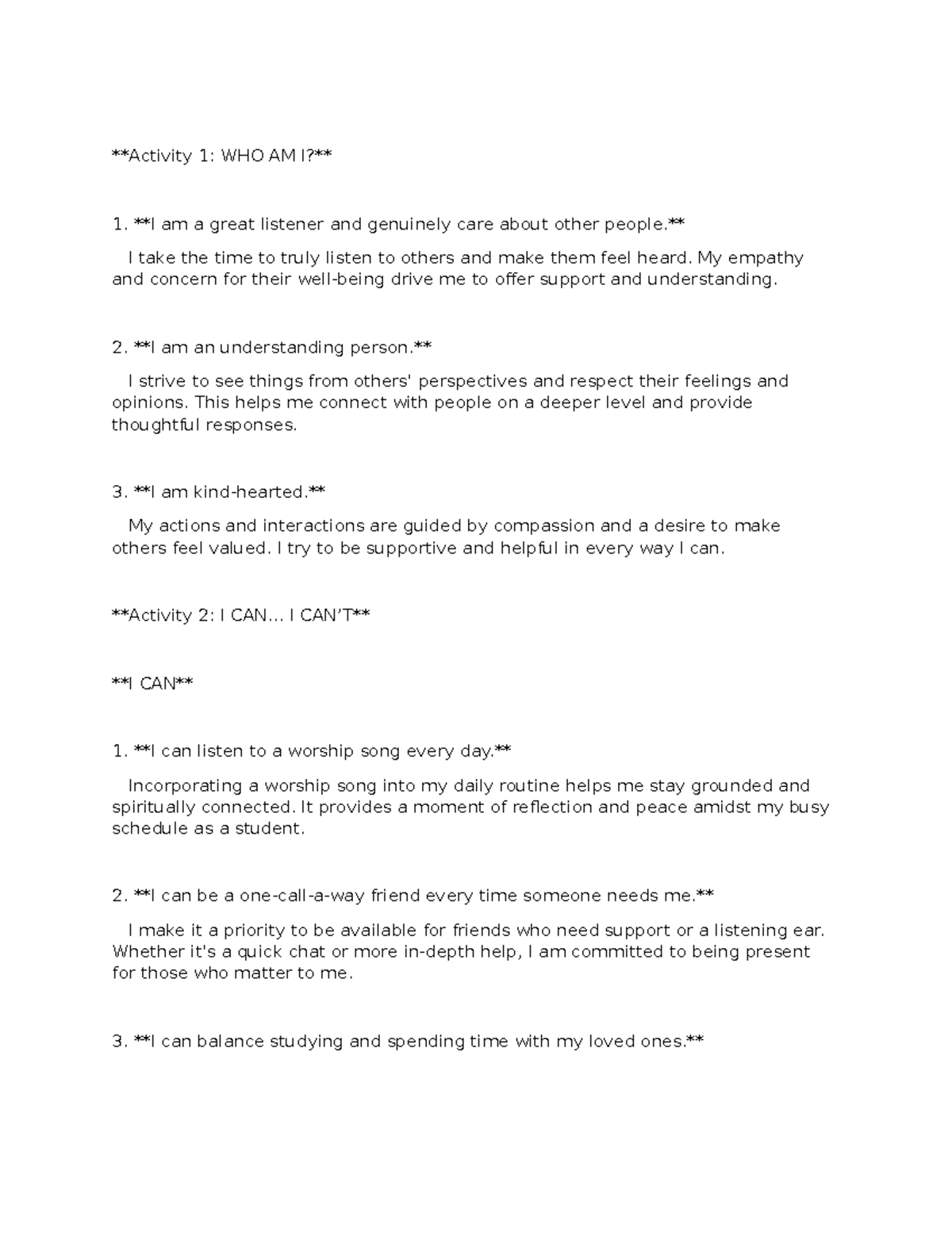 Perdev ACT - ACTIVITY - Activity 1: WHO AM I? I am a great listener and ...