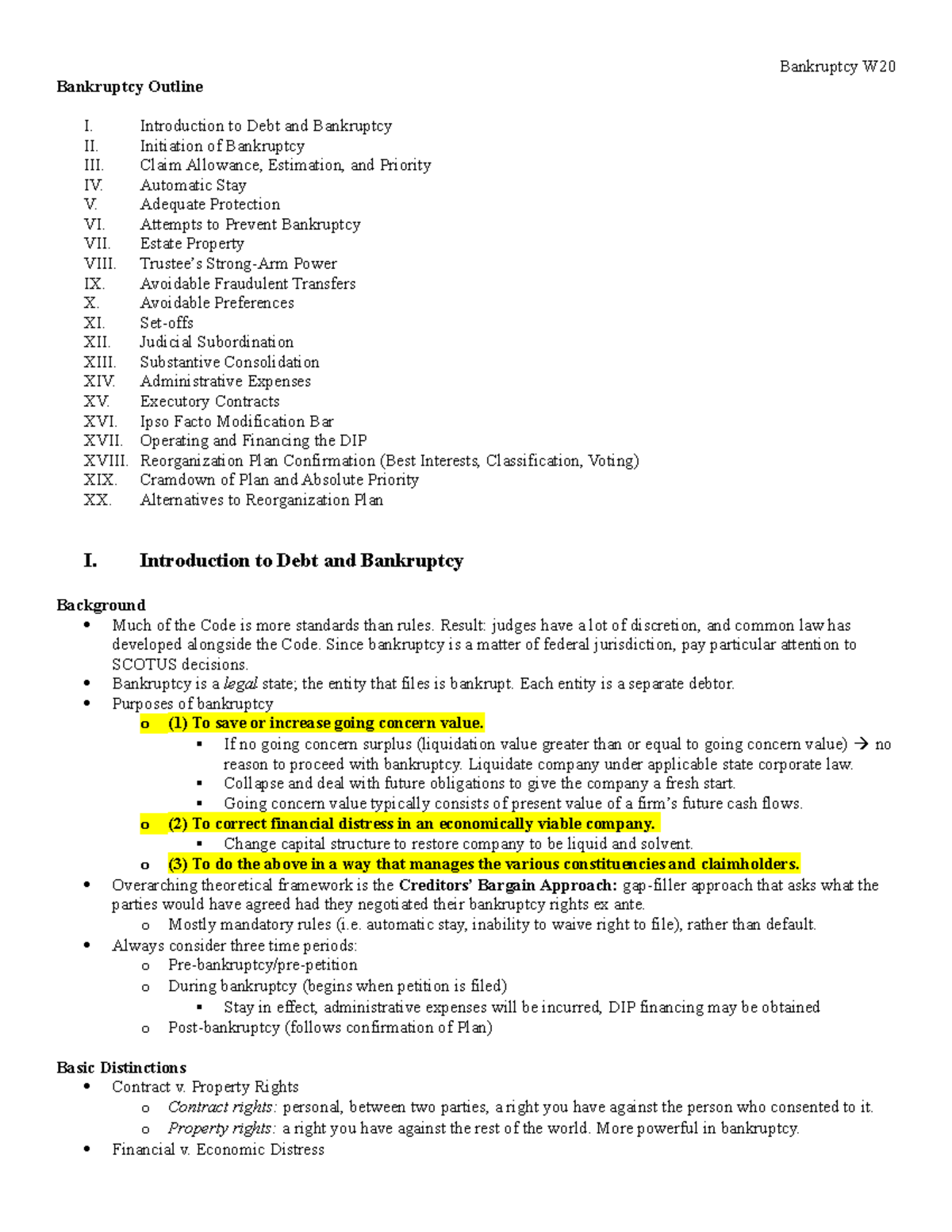 Ludicrous Adjoining - An outline - Bankruptcy Outline I. Introduction ...