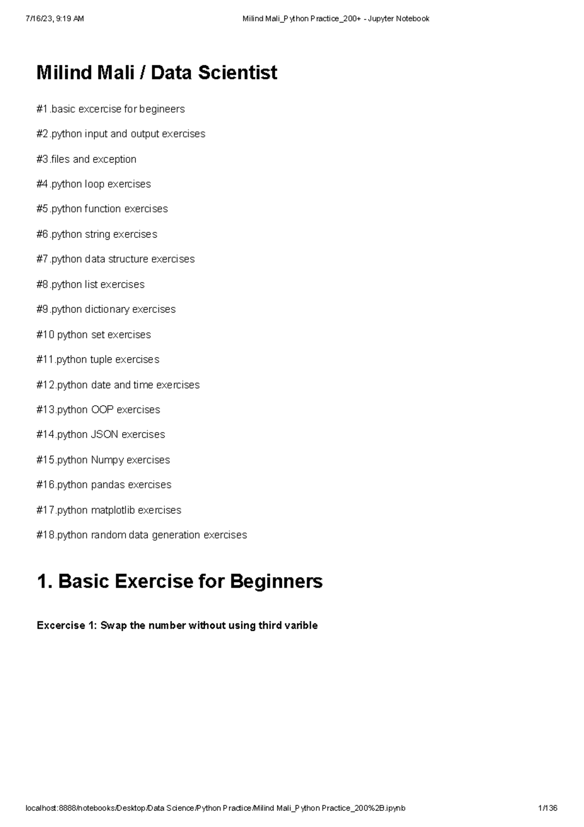 240+ Python Practice Exercises - Milind Mali / Data Scientist #1 excercise for begineers #2 ...