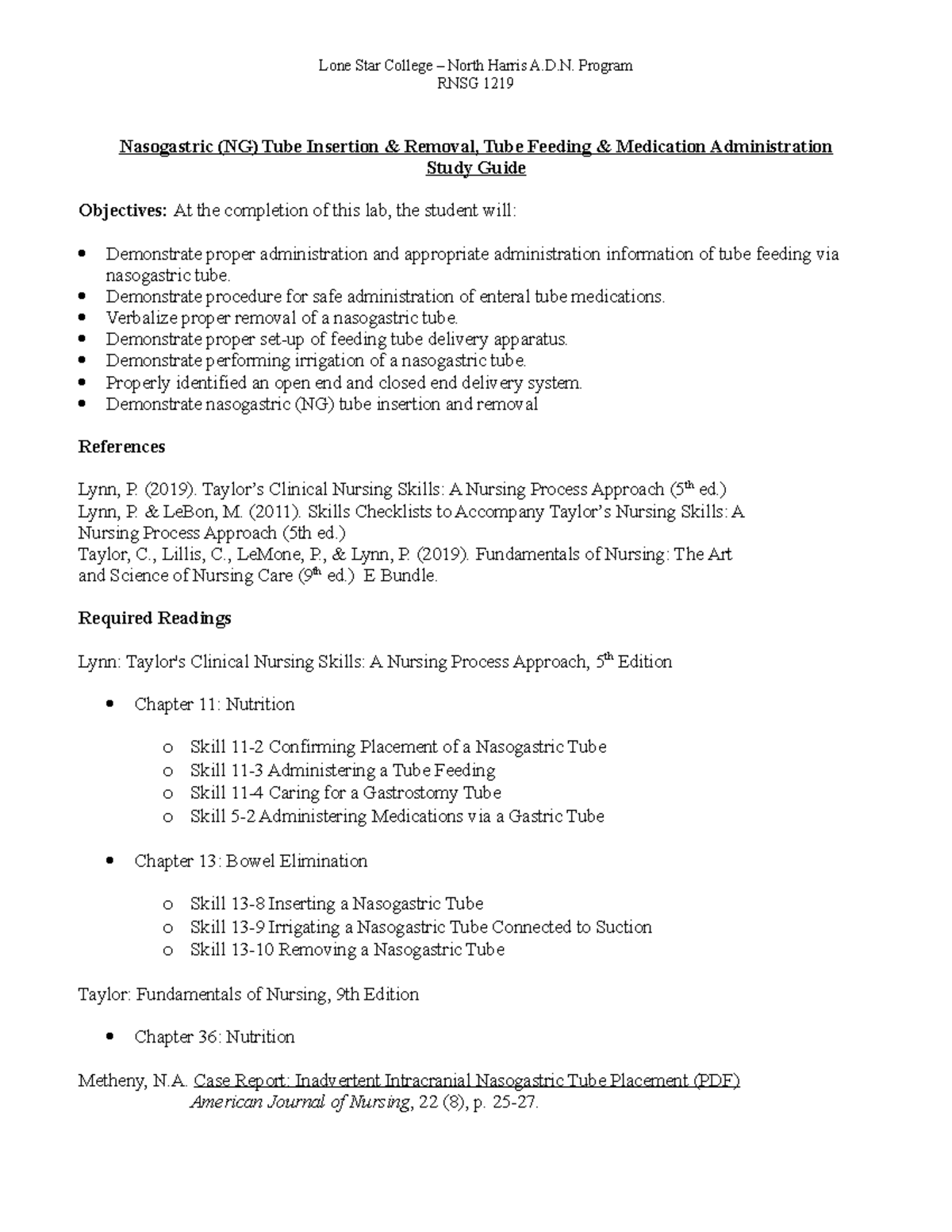 NG Tube Meds & Feeding Student Study Guide - 1523 - LSC - Studocu
