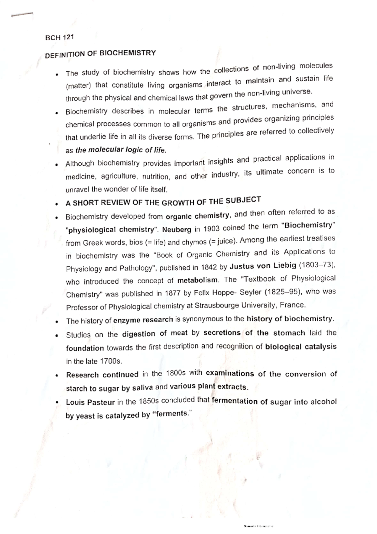 BCH 121 Definition of Biochemistry - Introduction to biochemistry - Studocu