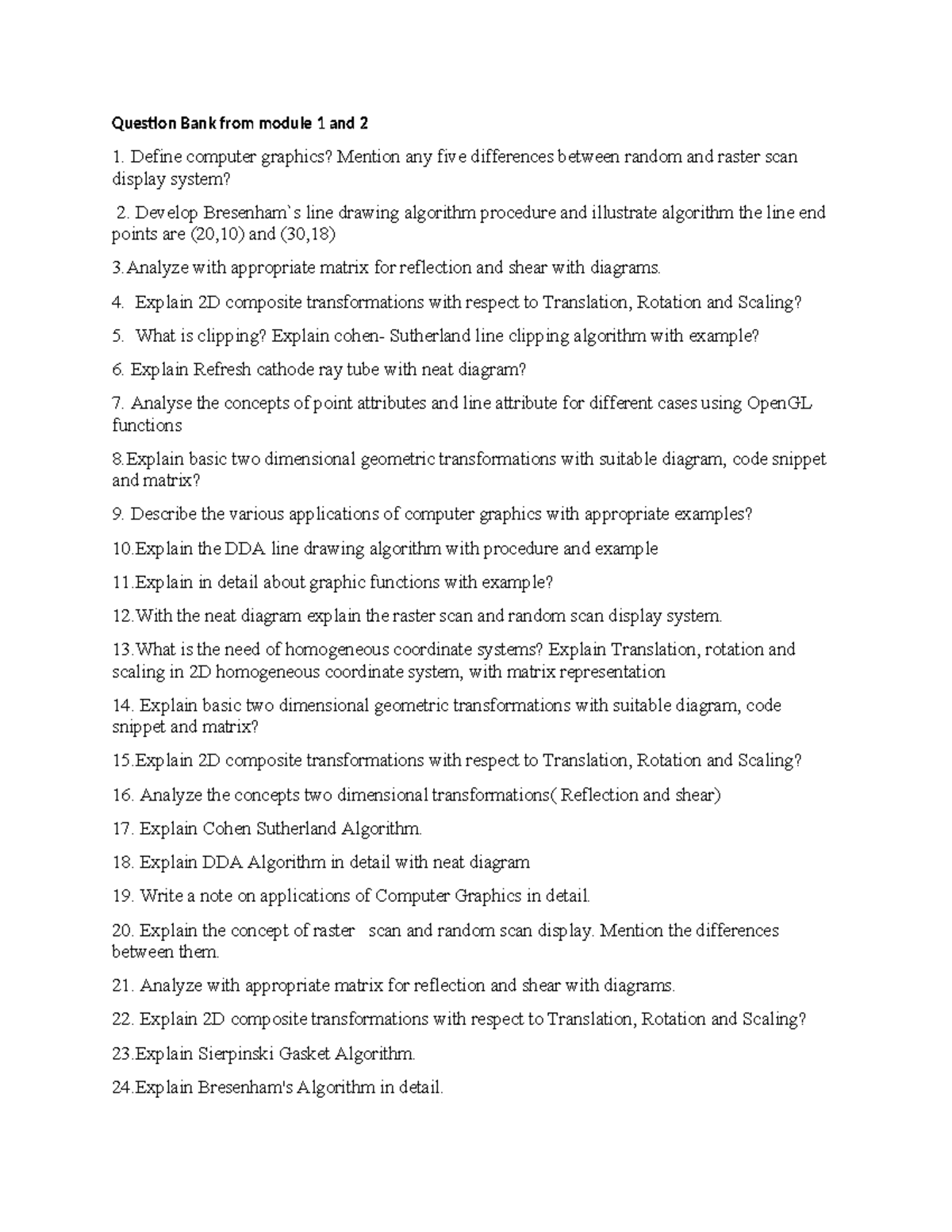 Question Bank from module 1 and 2 - Question Bank from module 1 and 2 Define computer graphics ...