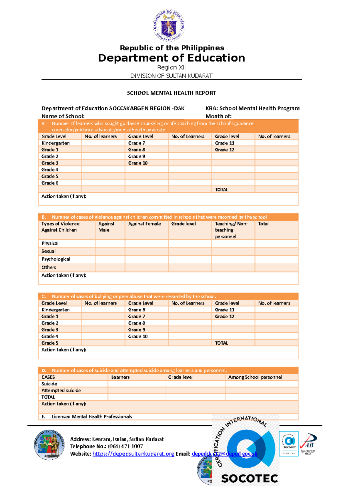 Mental Health Report Format - Republic of the Philippines Department of ...