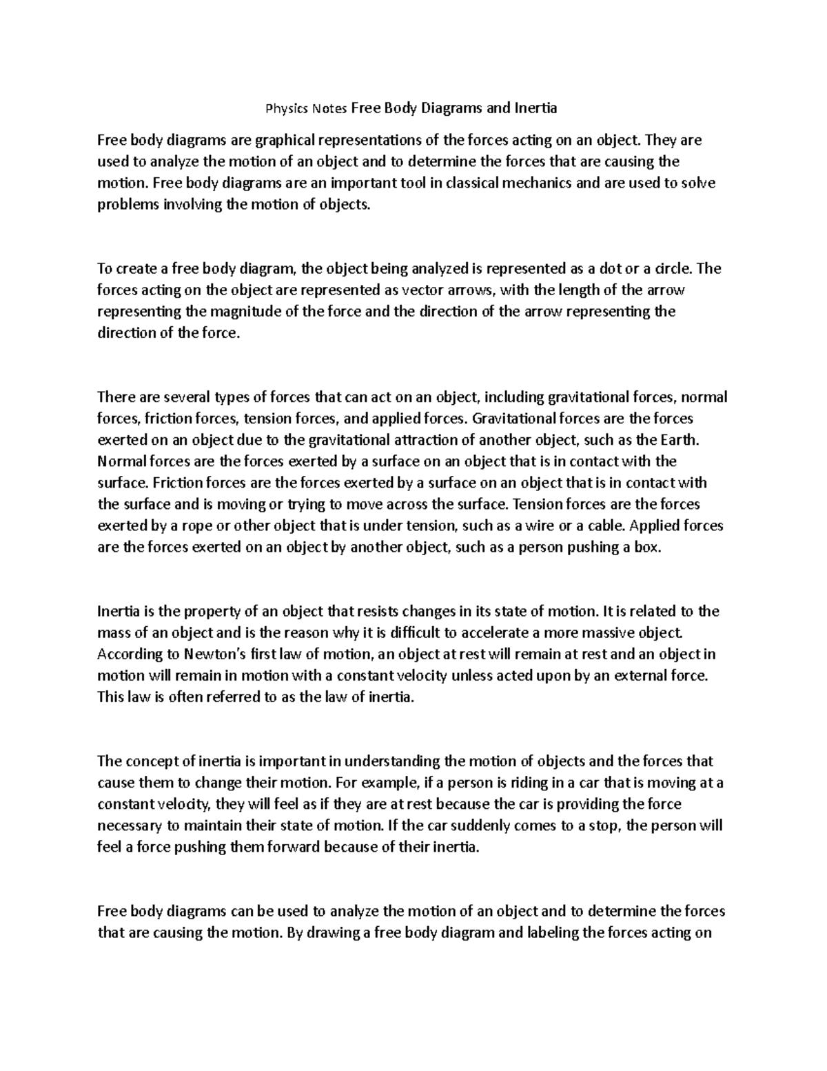 Physics Notes Free Body Diagrams and Inertia - They are used to analyze ...