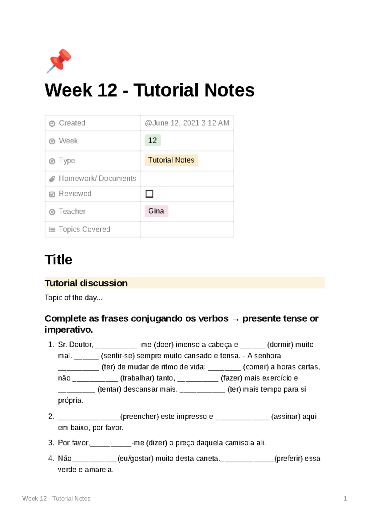 Week 12 - Tutorial Notes - Week 12 - Tutorial Notes 1 º Week 12 ...
