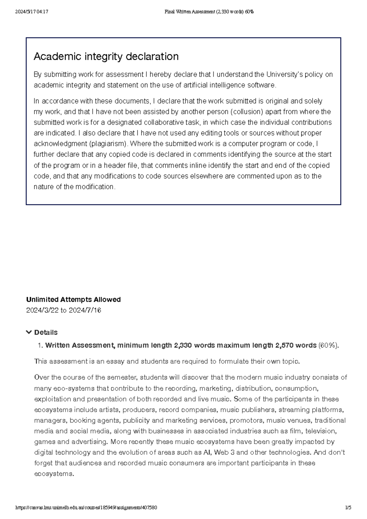 Final Written Assessment (2,330 words) 60% - Academic integrity ...
