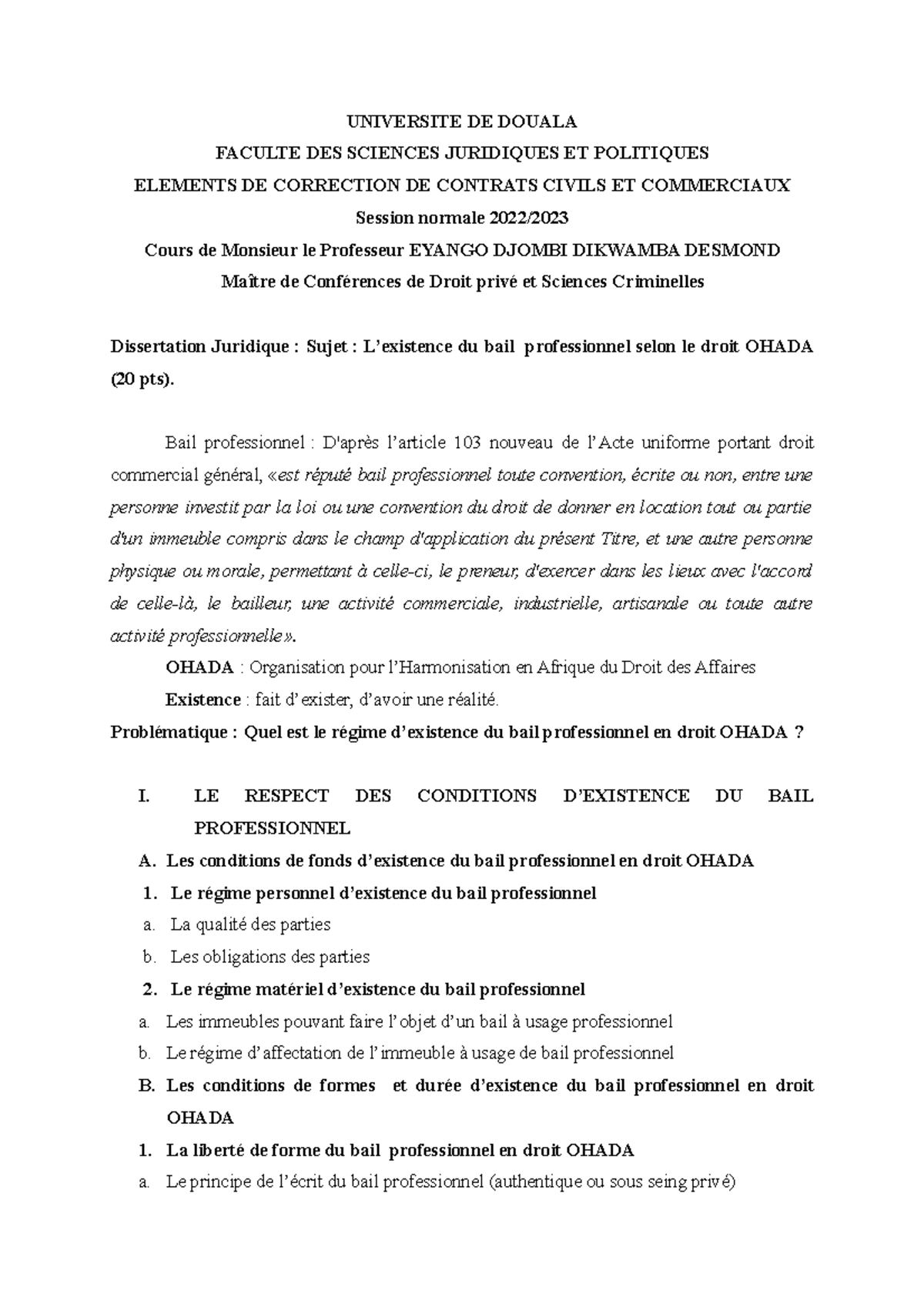 Correction ccc M. 2023 - UNIVERSITE DE DOUALA FACULTE DES SCIENCES ...