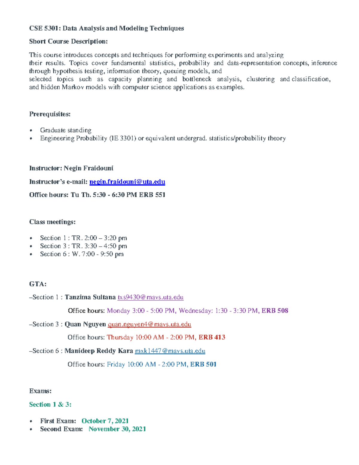 CSE+5301+syllabus-1 - CSE+5301+syllabus-1 - CSE 5301: Data Analysis and Modeling Techniques ...