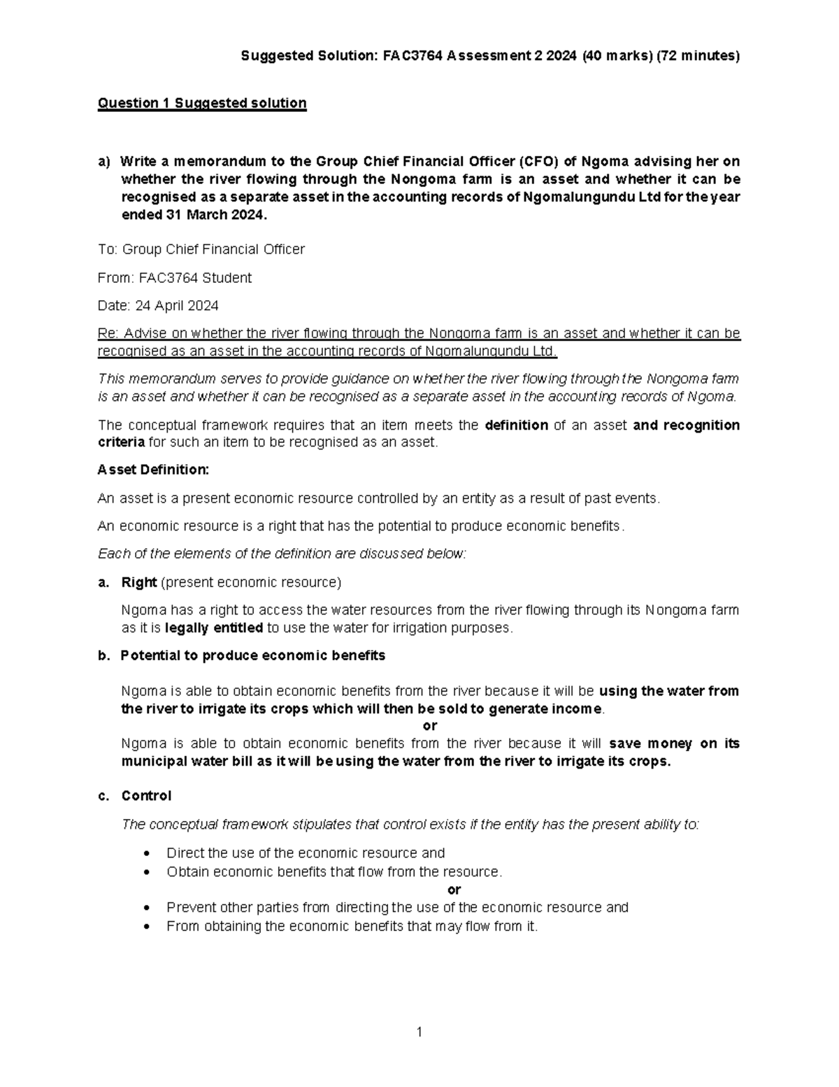 FAC3764 Assessment 2 Suggested Solution - Question 1 Suggested solution a) Write a memorandum to ...