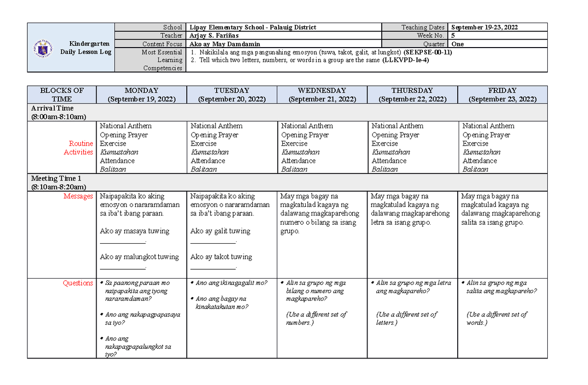 Kindergarten-DLL-MELC-Q1-Week 5 asf - Kindergarten Daily Lesson Log ...