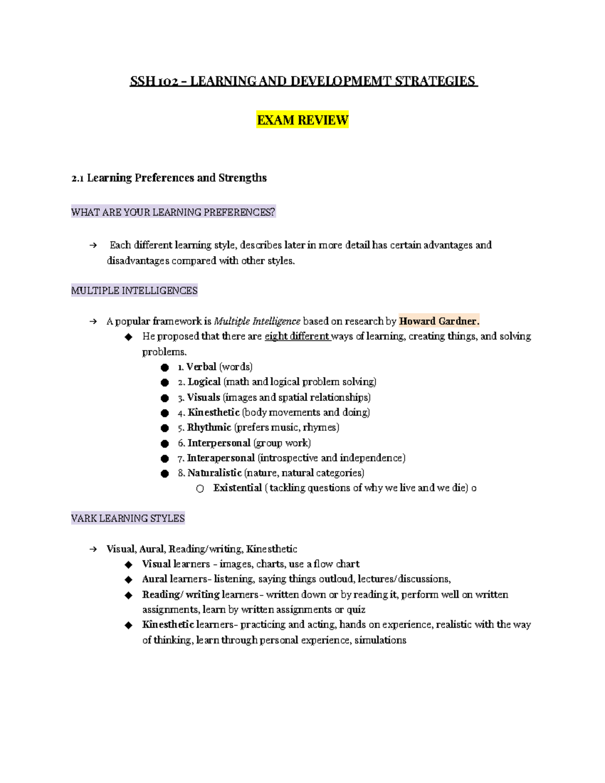 SSH 102- EXAM Review - SSH 102 - LEARNING AND DEVELOPMEMT STRATEGIES EXAM REVIEW 2 Learning ...