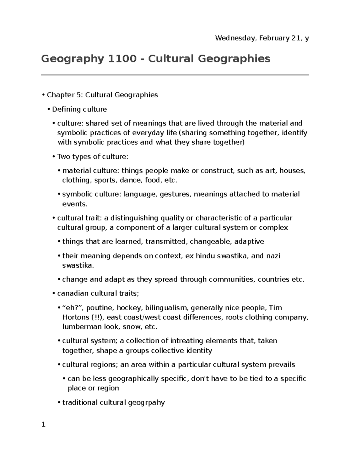 Chapter 5 Notes GEOG 1100 - Wednesday, February 21, y Geography 1100 ...