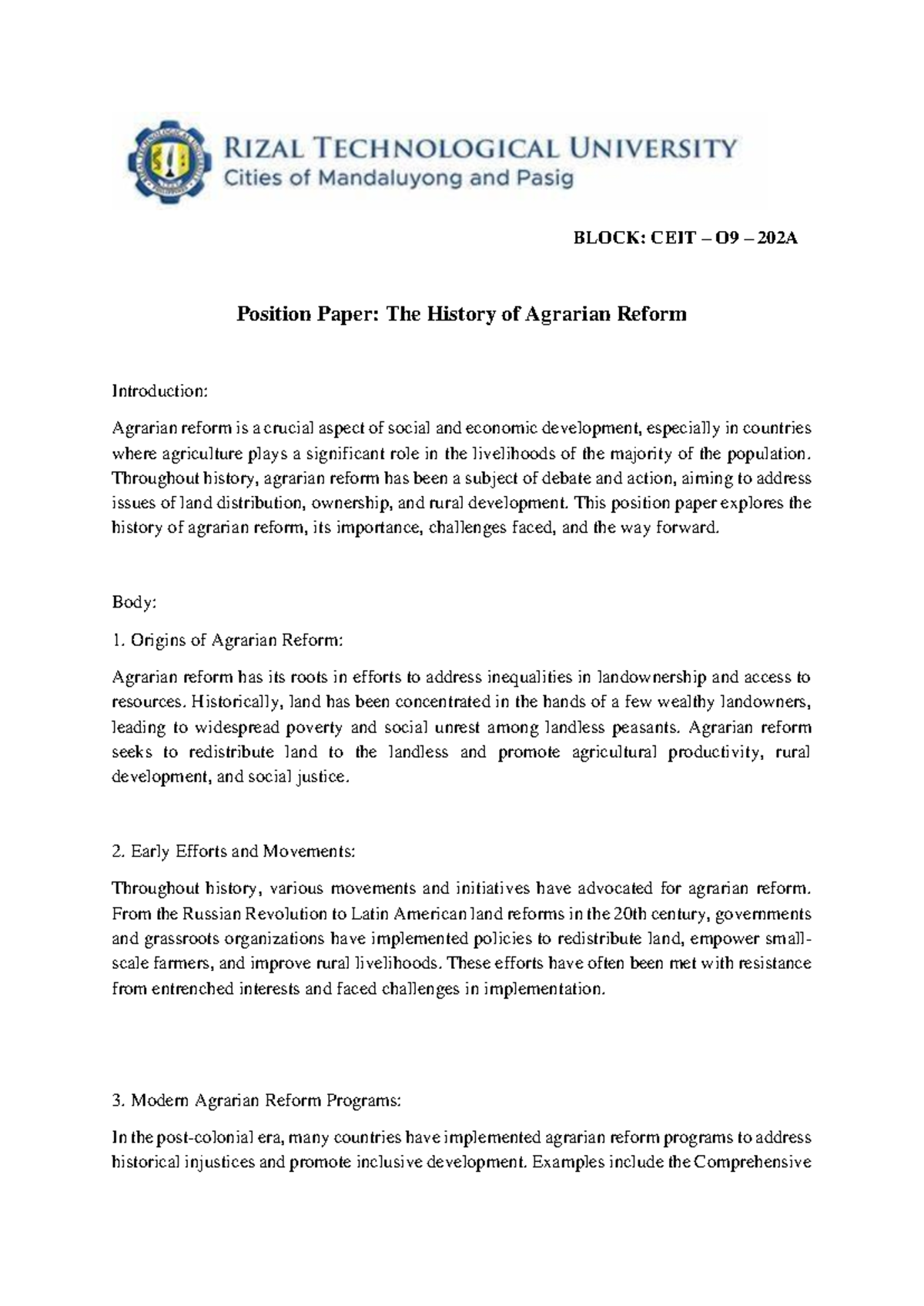RPH-positionpaper - RPH POSITION PAPER AGRARIAN REFORM - BLOCK: CEIT ...
