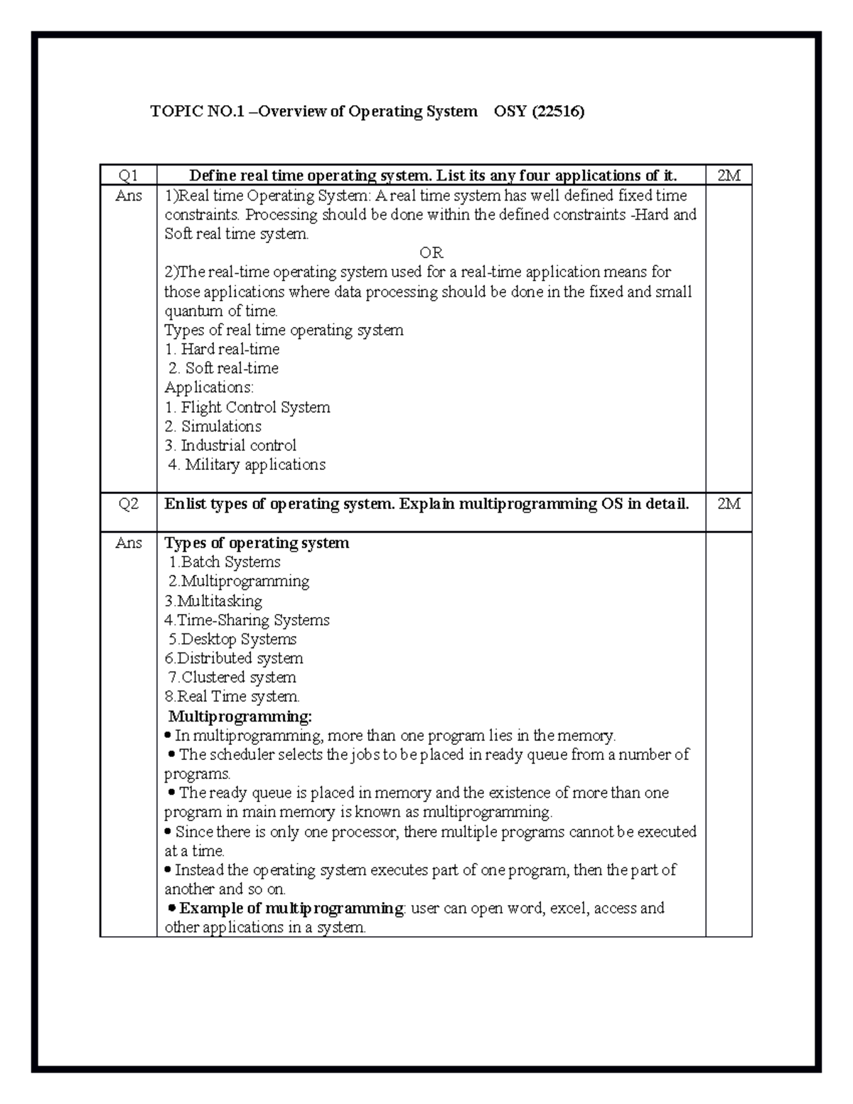 Chapter No 1 OSY - Hii - TOPIC NO –Overview of Operating System OSY (22516) Q1 Define real time ...