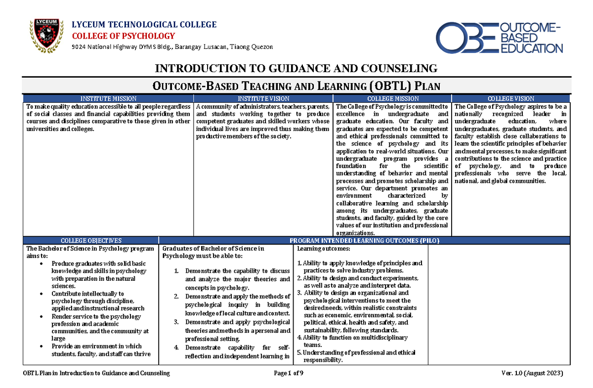 LTC - Intro TO Guidance AND Counseling Syllabus - COLLEGE OF PSYCHOLOGY ...
