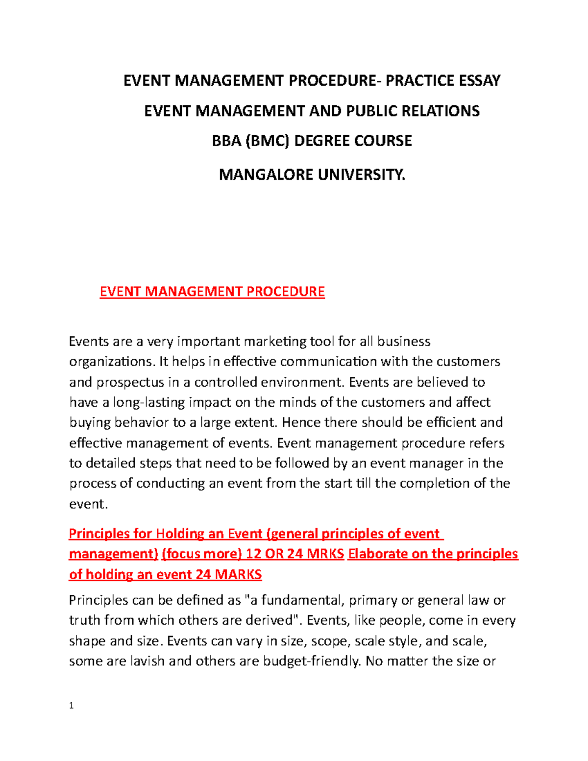 Event Management Procedure - EVENT MANAGEMENT PROCEDURE- PRACTICE ESSAY ...