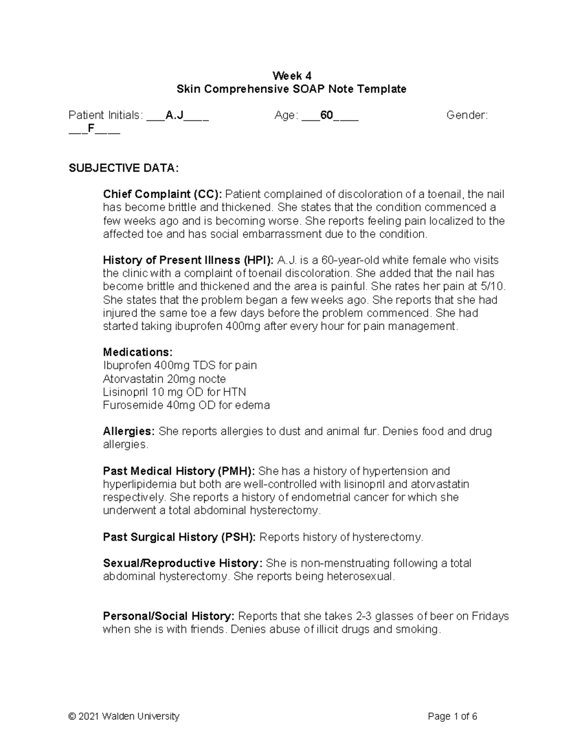 Skin Comprehensive SOAP Note Template - Week 4 Skin Comprehensive SOAP ...